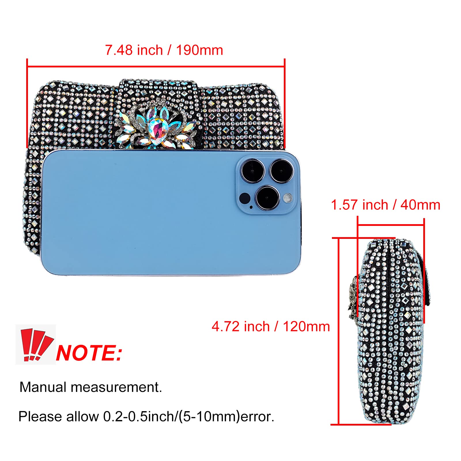 Sparkly Rhinestone Unique Evening Bag Women Floral Clutch Handbag Shoulder Bags(Dark blue)