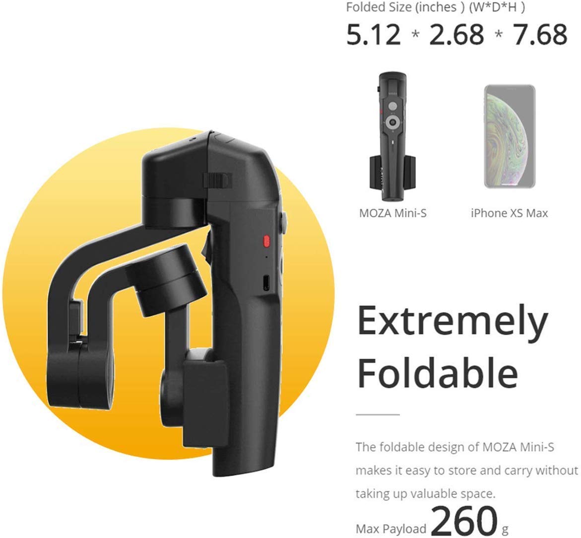 MOZA Mini-S Smartphone Gimbal, One-Button Zoom Object Tracking Foldable 3 Axis Gimbal Stabilizer for Smartphone