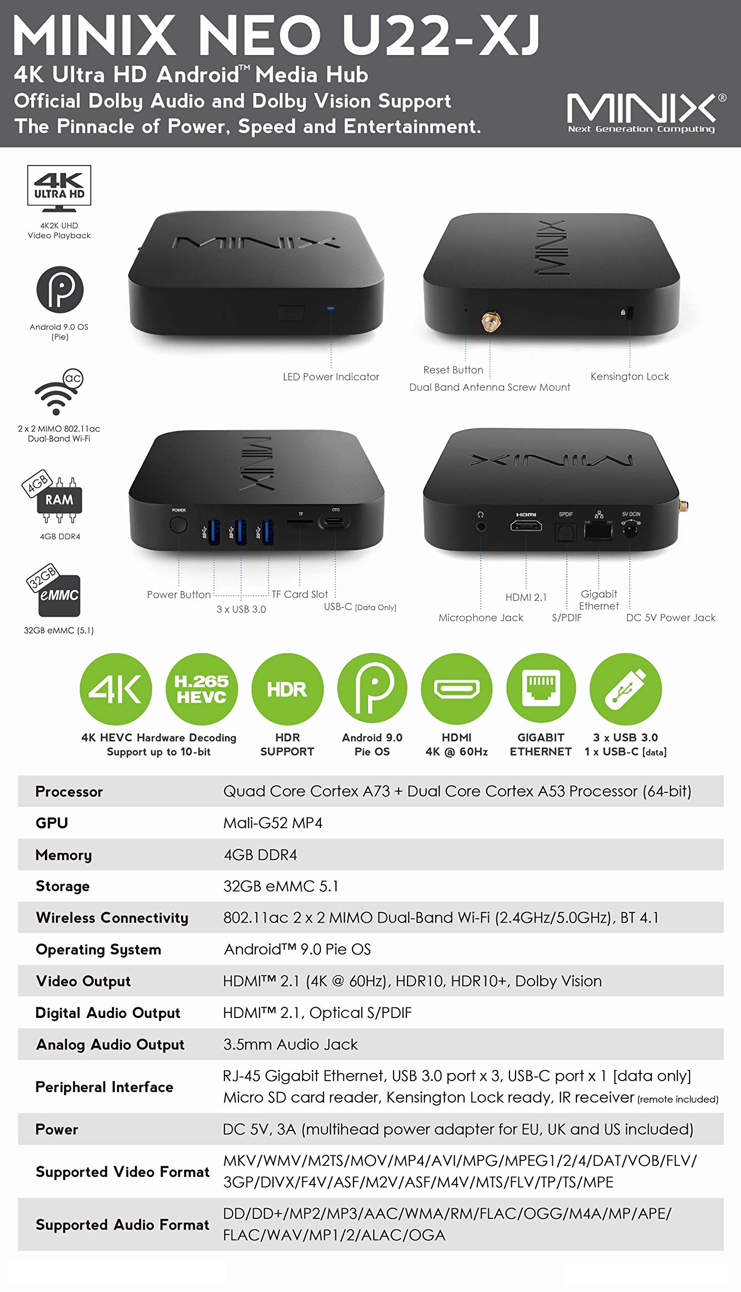 MINIX Android 9.0 Pie Media Hub 4K Ultra HD HDR10+4GB DDR4/32GB eMMC 4K @ 60Hz UHD 3 x USB 3.0 USB-C [Data only] GLAN AC Wi-Fi TF Card (NEO U22-XJ)