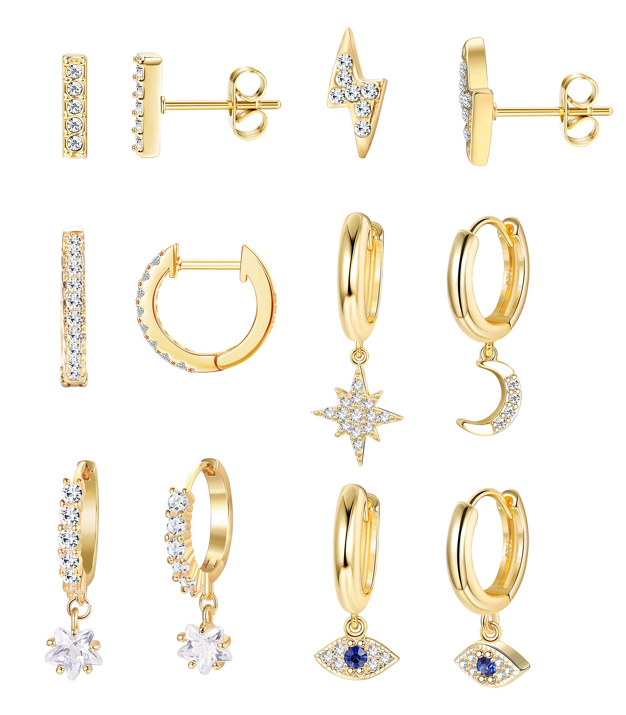 LOYALLOOK 6Pairs Moon Star Dangle Hoop Earrings for Women Mini Bar Stud Earrings CZ Drop Cartilage Cute Jewelry Small Huggie Hoop Valentine's Gift Gold Plated