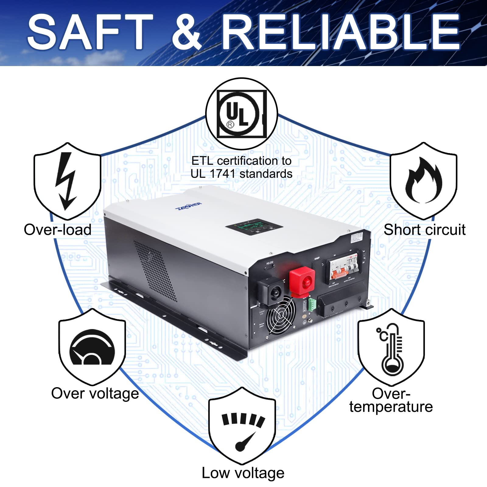 ZLPOWER UL1741 10KW Solar Off Grid Inverter 110/220Vac Low Frequency DC 48V AC Input 240V AC Output 120V/240V Split Phase Pure Sine Wave Power Converter,with 2x60A MPPT Charger Controller 10000W