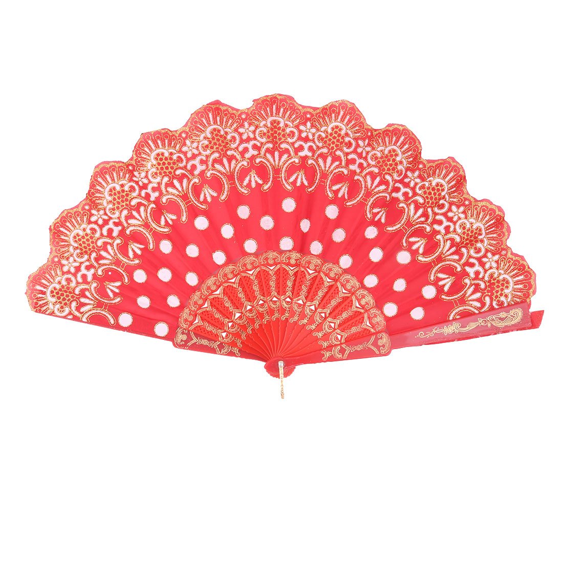Qtqgoitem Polyester Flower Printed Festival Dancing Folding Handle Fan 23.5cm Length Red (model: 1fb 6ce fa1 912 4b1)