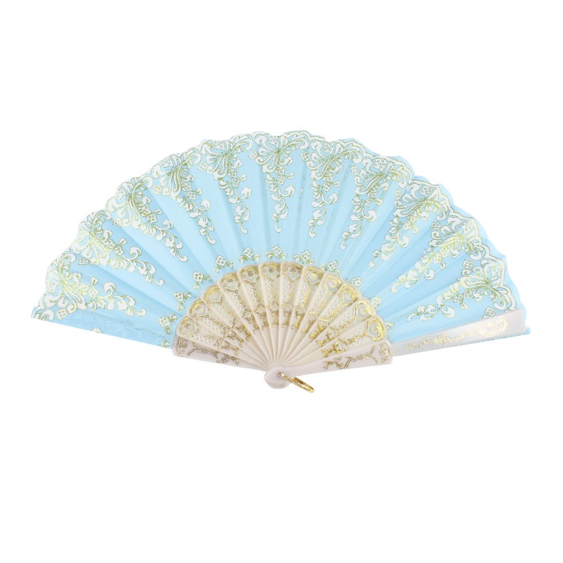 Qtqgoitem White Flower Printed Blue Fabric Brim Plastic Ribs Foldable Hand Fan (model: d80 8a2 532 9bf 02c)
