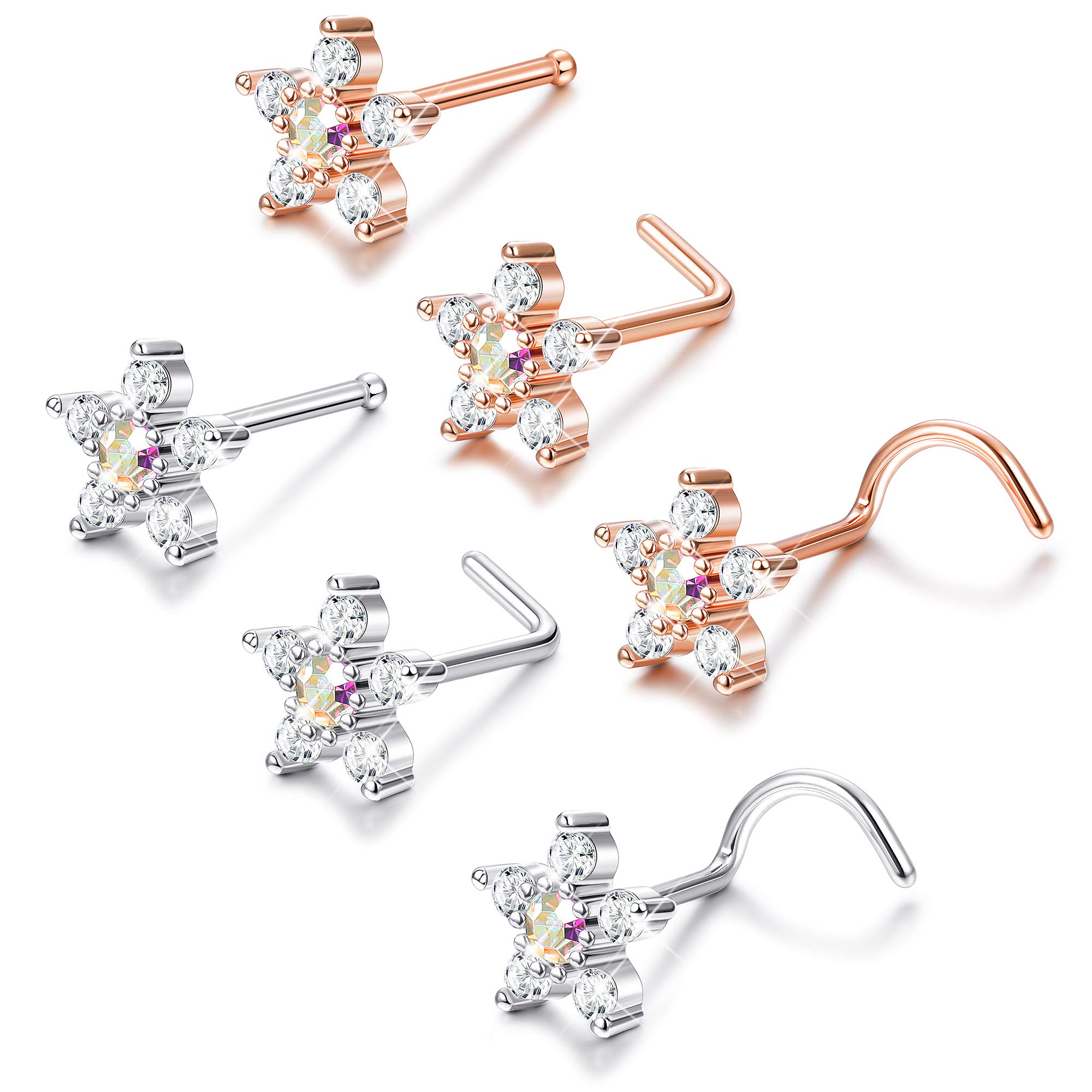 LOYALLOOK 6Pcs 20G Stainless Steel Silver/Rose Gold Flower Nose Rings Studs Piercing Body Jewelry Piercing CZ Inlaid