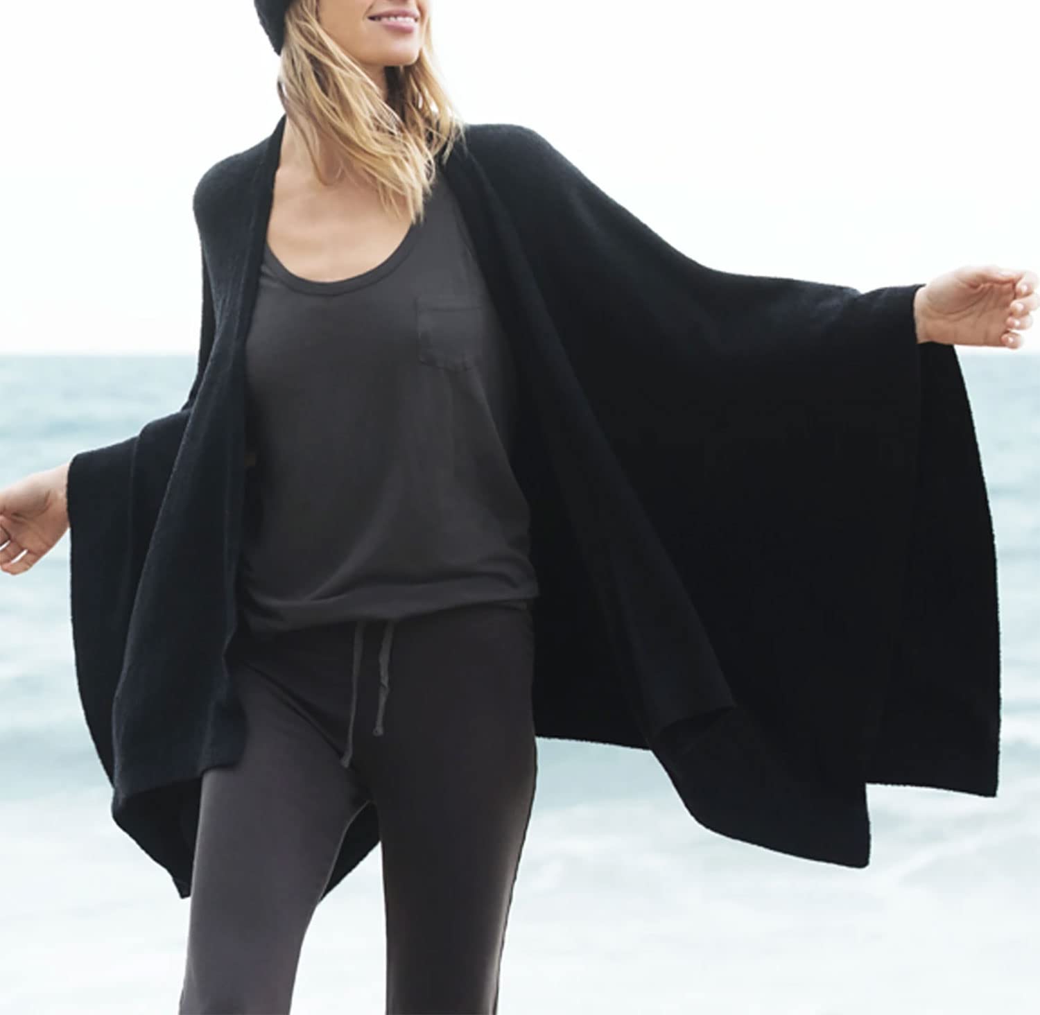 MissShorthair Women's Lightweight Knitted Scarf Poncho Sweater Cape Shawl Versatile Spring Summer Ponchos Wraps Black