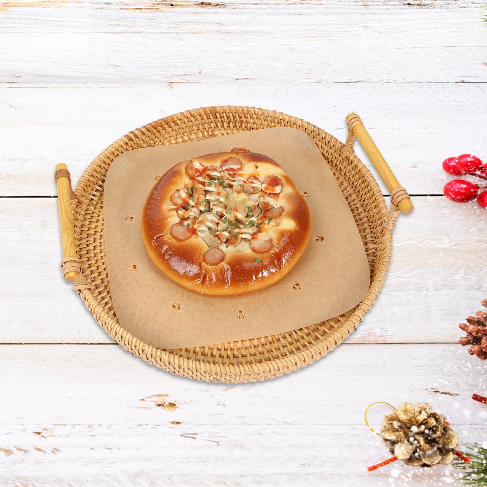 Round Rattan Coffee Table Tray with Handles - Woven Basket Food Decorative Tray ,Handmade Rattan Serving Tray with Handles ,Adorable Natural Bamboo Tray for Ottoman Coffee Table (Large/11 inch)