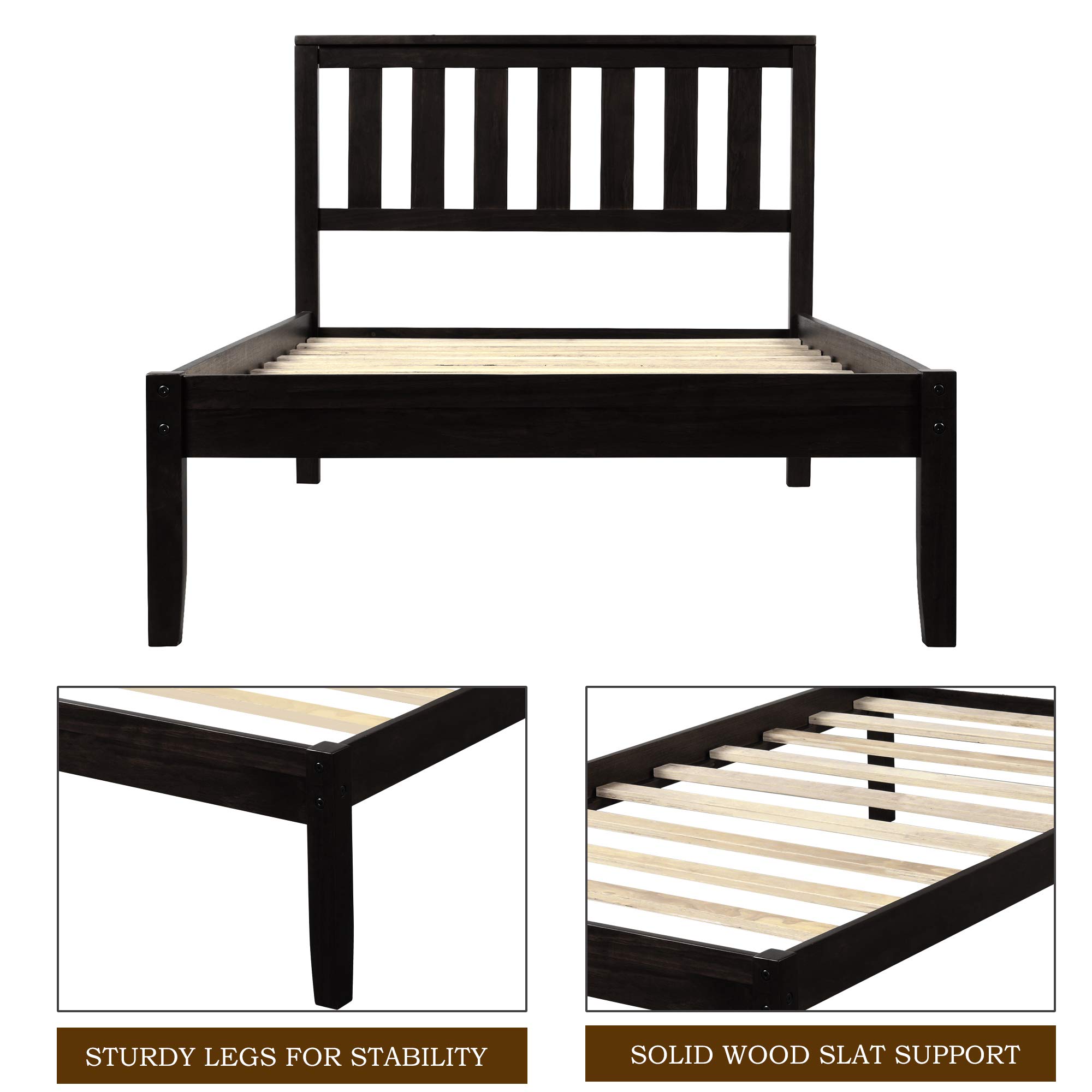 Merax Twin Bed Frame, Platform Bed Twin Size, Wood Platform Bed with Headboard and Wood Slat Support, No Box Spring Needed (Espresso, Twin)