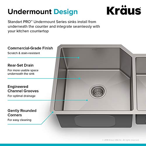 KRAUS Standart PRO 32-inch 16 Gauge Undermount 60/40 Double Bowl Stainless Steel Kitchen Sink, KHU123-32