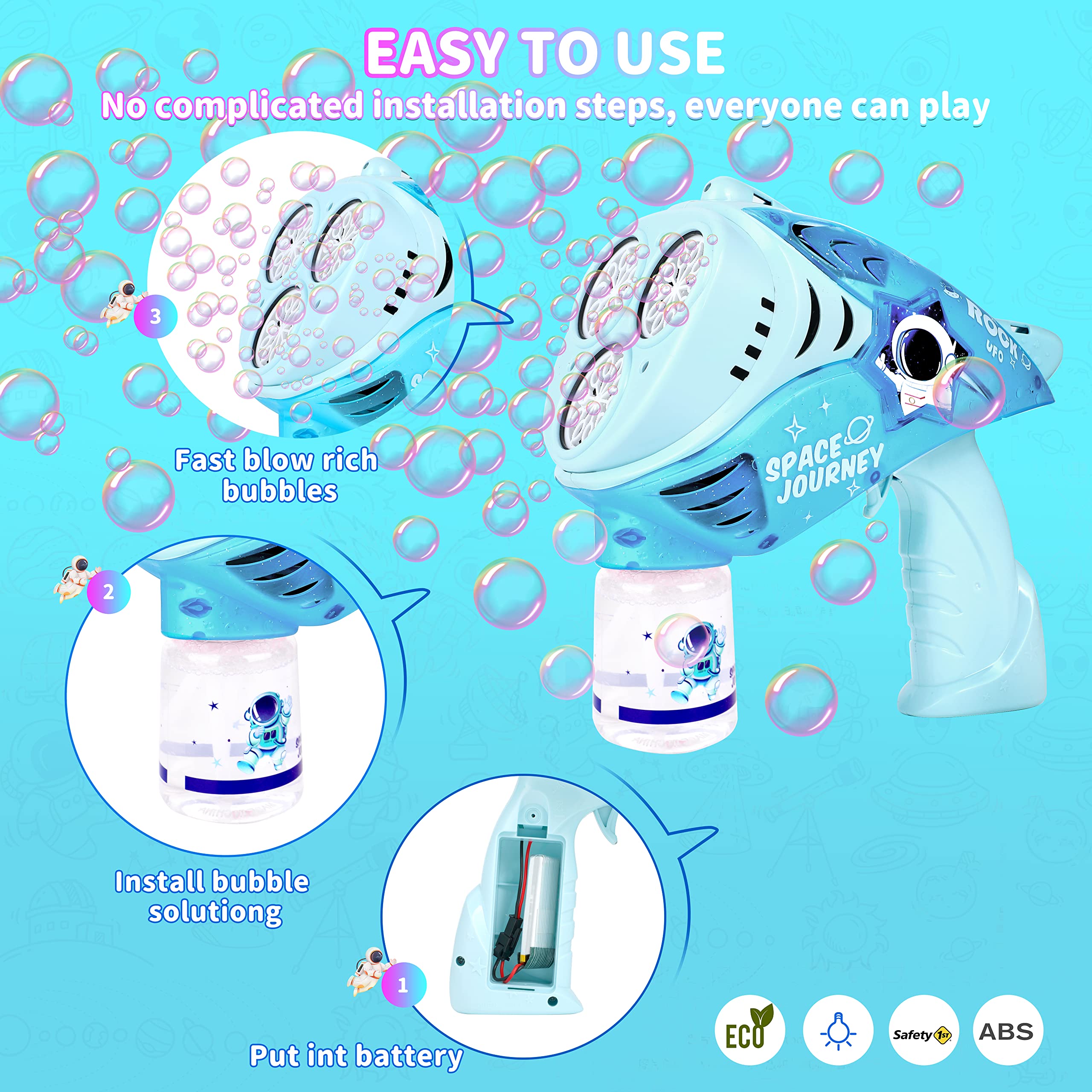 Rotokas Space Bubble Gun Automatic Bubble Machine - 10000+ Bubbles in 1 Minute - Durable Bubble Maker with LED Lights - 360-Degree Leak-Proof - Rechargeable Bubble Blower Sets for Kid and Adult - Blue