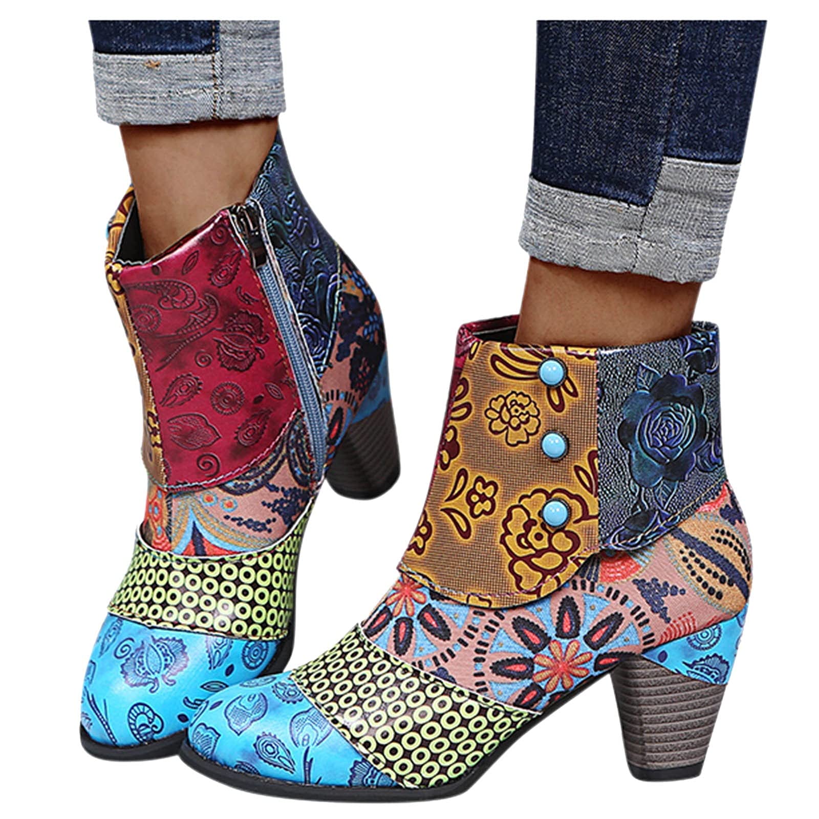 NOLDARES Cowboy Boots for Women Chunky High Heels Retro Zipper Boots Colorful Printed Booties Point-Toe Boots for Women, Multicolor, 10