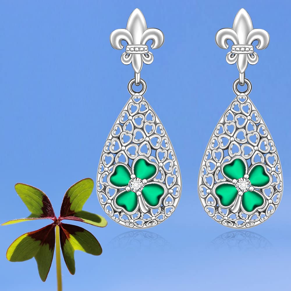 Shamrock Earrings Four Leaf Clover St Patricks Day Earrings for Women Celtic Knot Irish Leverback Drop Dangle Sterling Silver Studs Green Shamrock Jewelry