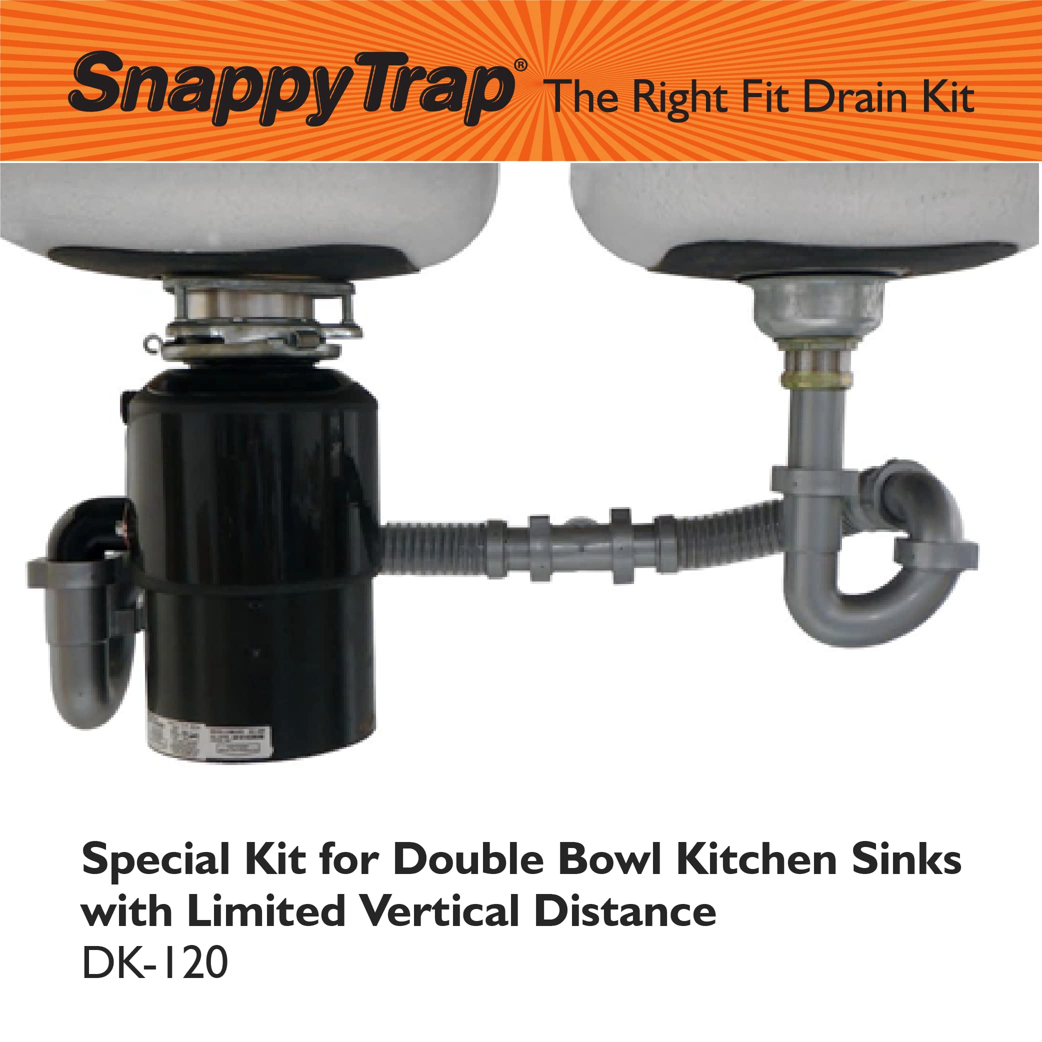 Snappy Trap Special Kit for Double Kitchen Sinks with Limited Vertical Distance between Sink Strainers and Wall Drainpipe