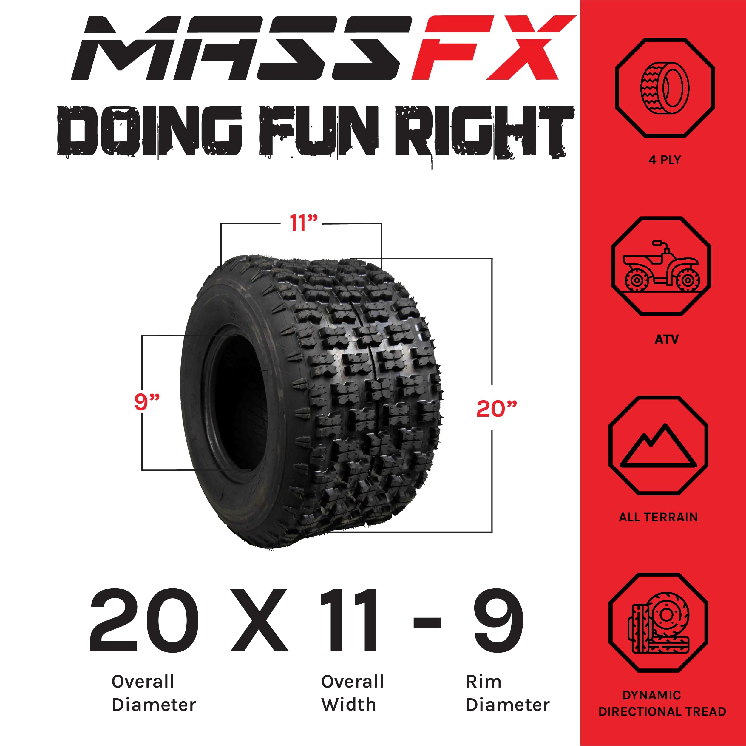 MASSFX Sport ATV Tire Set - Two Rear 20x11-9 - 4 Ply Rating - 1/2β Tread Depth - 20x11x9 (Two Pack)
