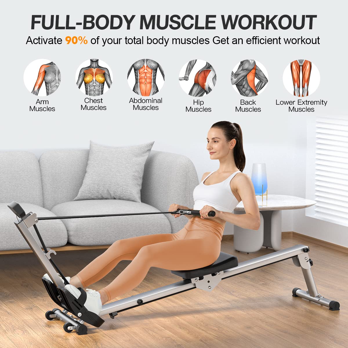 Rowing Machine, HOMGIM Folding Rowing Machines 300 LB Weight Capacity, Rower Foldable for Home Quiet Resistance with LCD Monitor and for Cardio Training