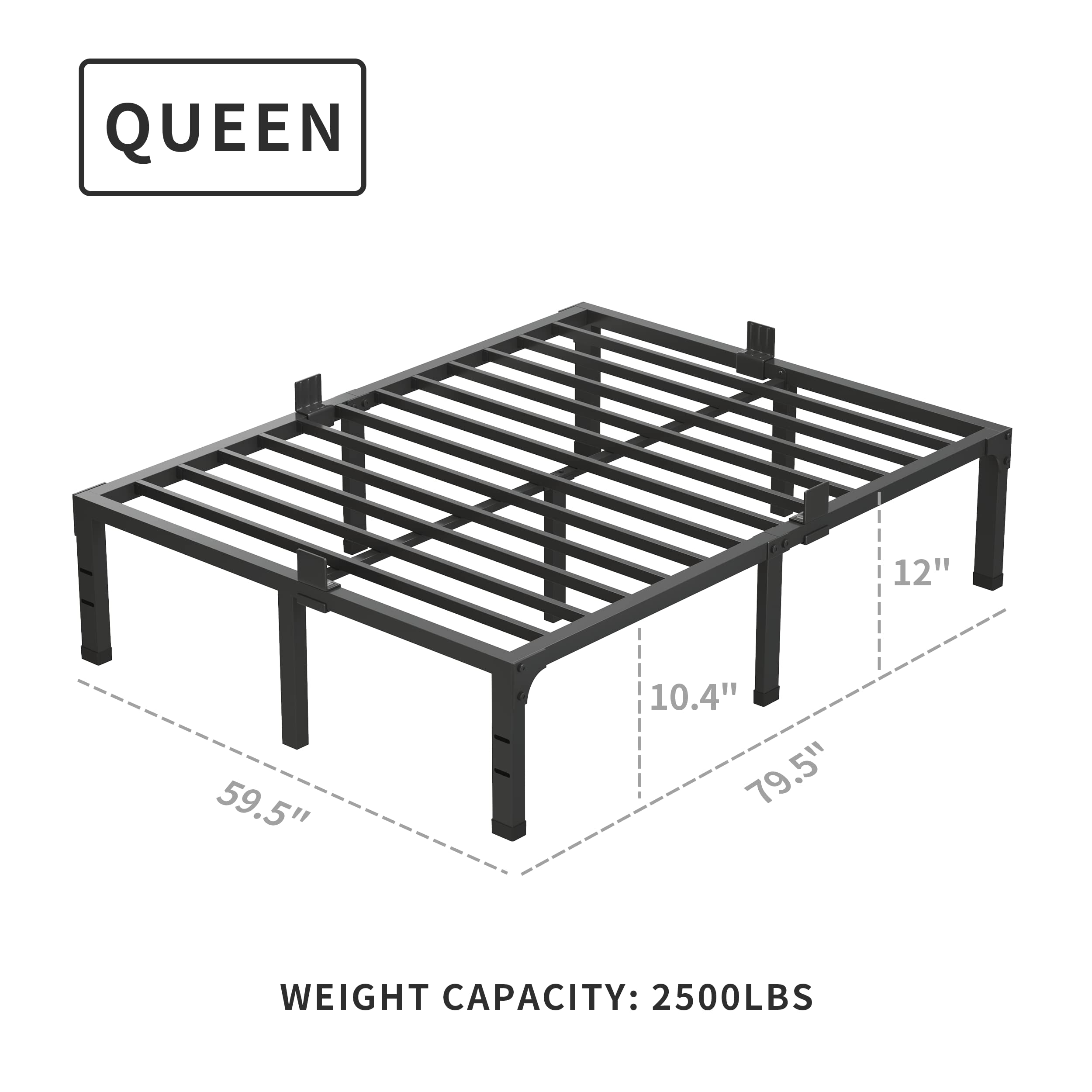 MAF 12 Inch Queen Bed Frames with Mattress Slide Stopper Black Heavy Duty Metal Platform Bed Frame Steel Slat Support, No Box Spring Needed, Noise Free, Easy Assembly