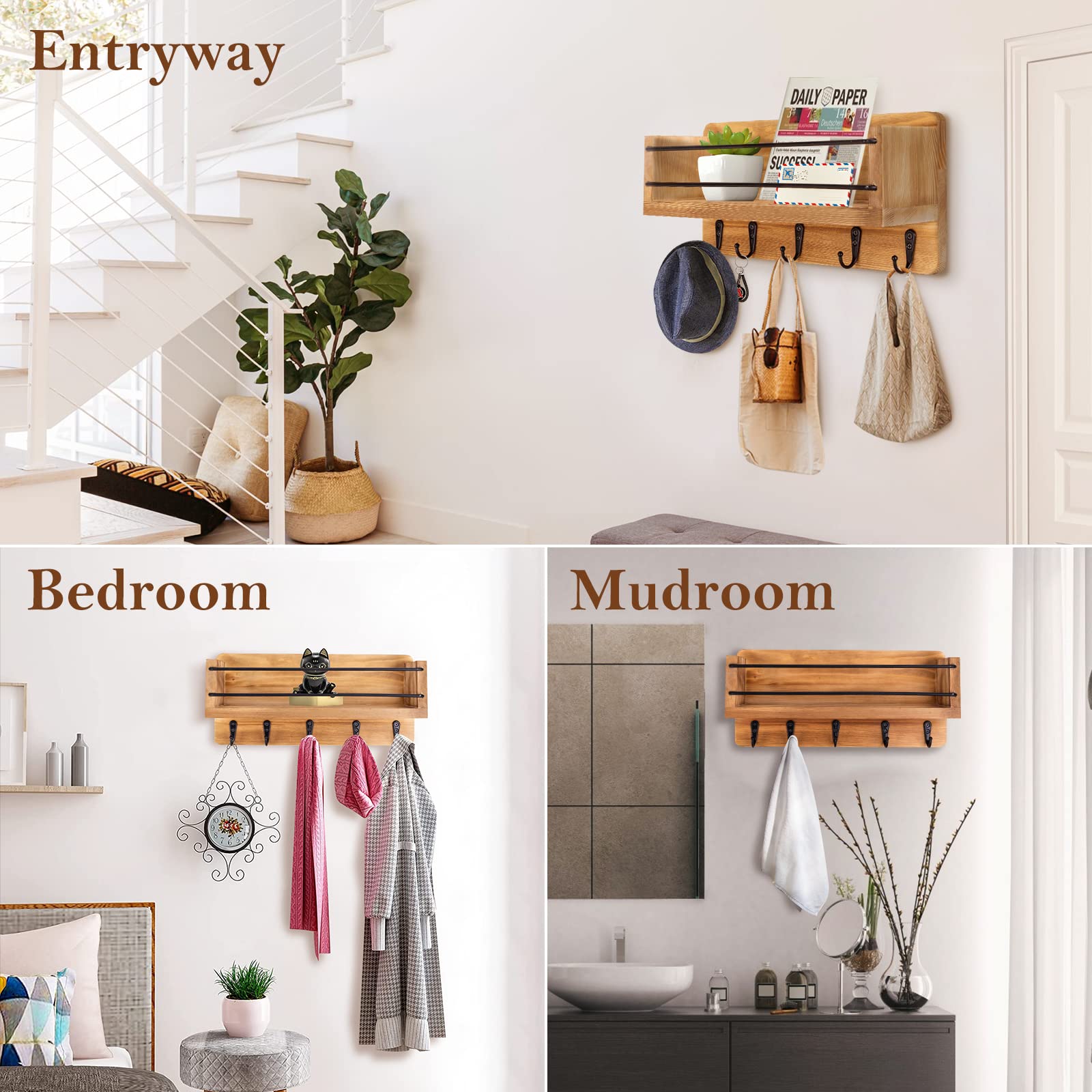 Mapromofit Key Holder for Wall and Mail Shelf, Solid Pine Wood Mail Sorter Organizer with 5 Key Hooks for Entryway, Storage, Living Room, Hallway, Kitchen