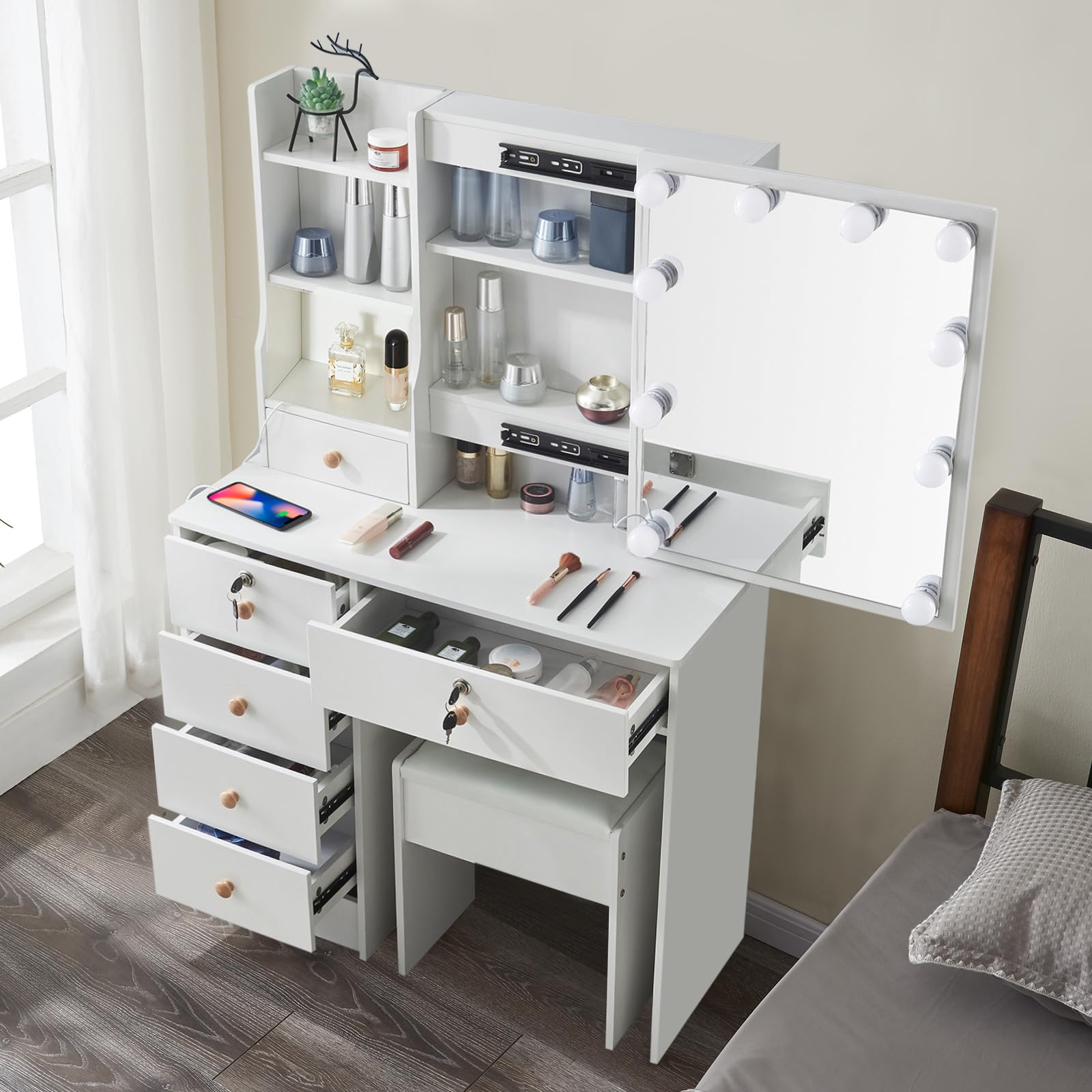 Lucaseone Makeup Vanity Table with Lights Mirror, Vanity Desk Set with Sliding Mirror and 5 Drawers,Storage Shelves for Bedroom (71205)
