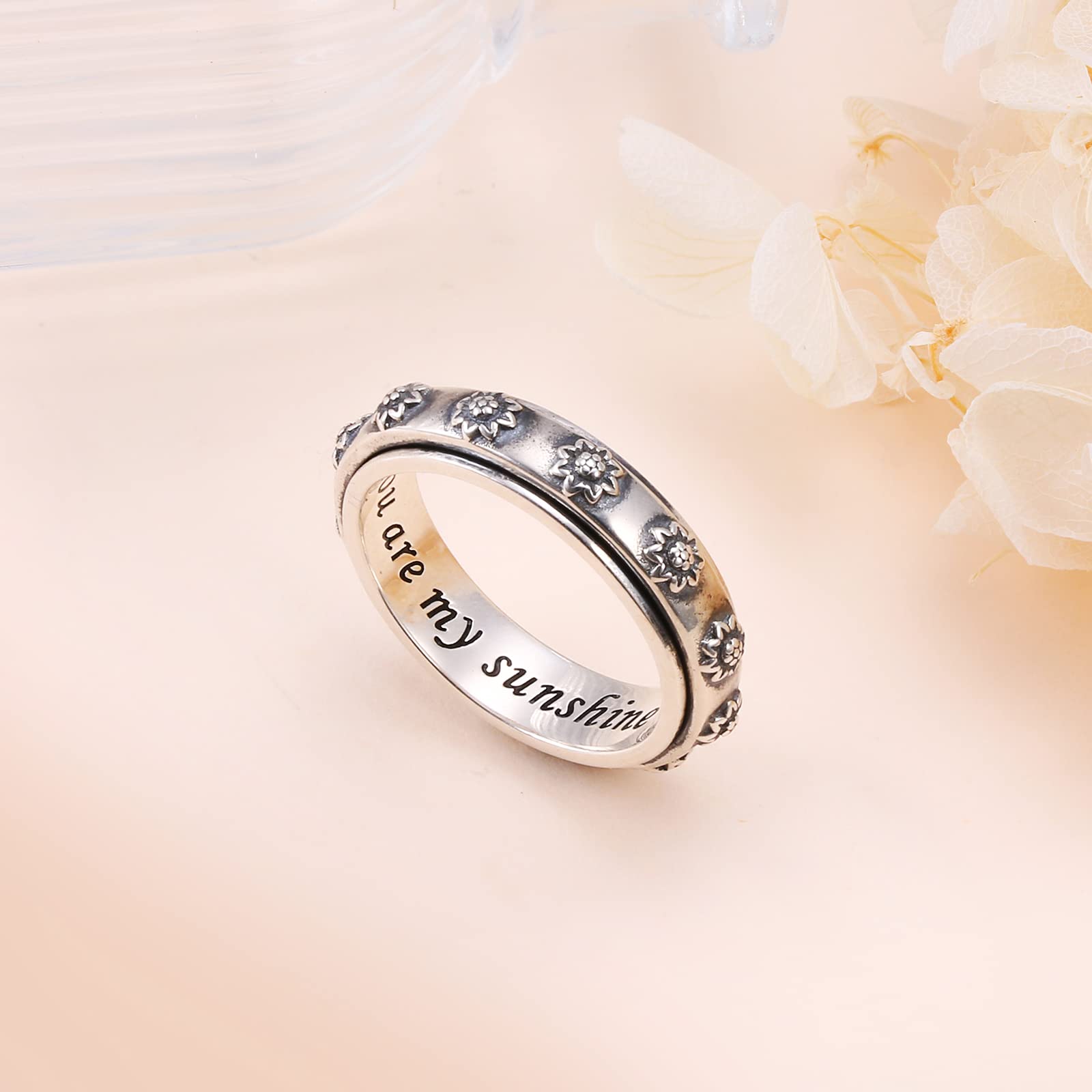 Spinner Ring Fidget Ring for Anxiety Sunflower Sterling Silver Stress Relieving ADHD Rings Women/Daughter Jewelry Gift Size 9