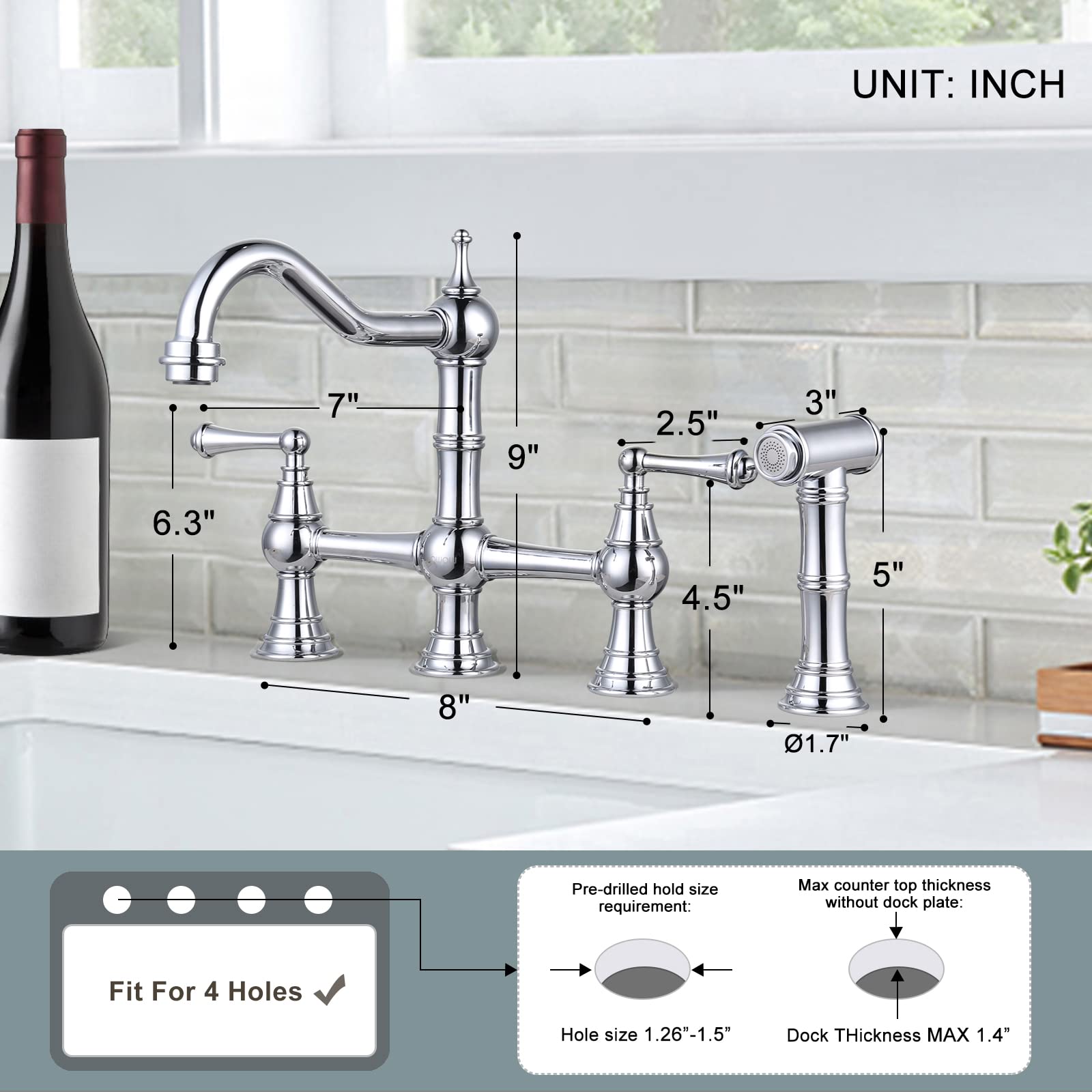 WOWOW 3 Hole Widespread Bathroom Faucet Chrome Bathroom Sink Faucets 2 Handle Bath Faucet 8 inch and 4 Hole Kitchen Faucet with Sprayer, 8 Inch Centerset Brass Bridge Kitchen Faucet