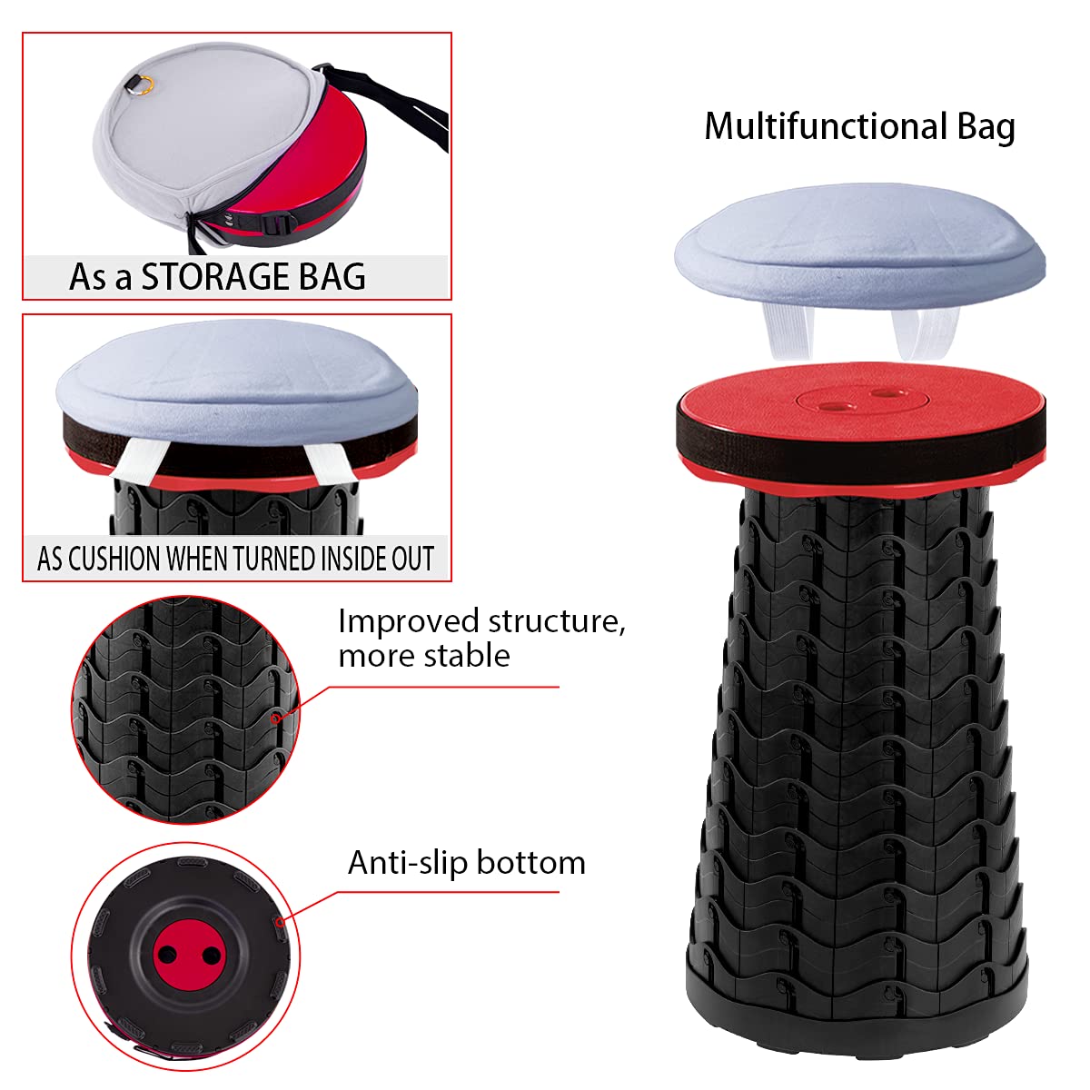 Portable Folding Stool With Backpack Pad, Retractable Collapsible Telescopic Seat for Adults, Lightweight and Sturdy with Load Capacity 400lbs, Adjustable Stool for Garden,Travel, Outdoor. (BLACK)