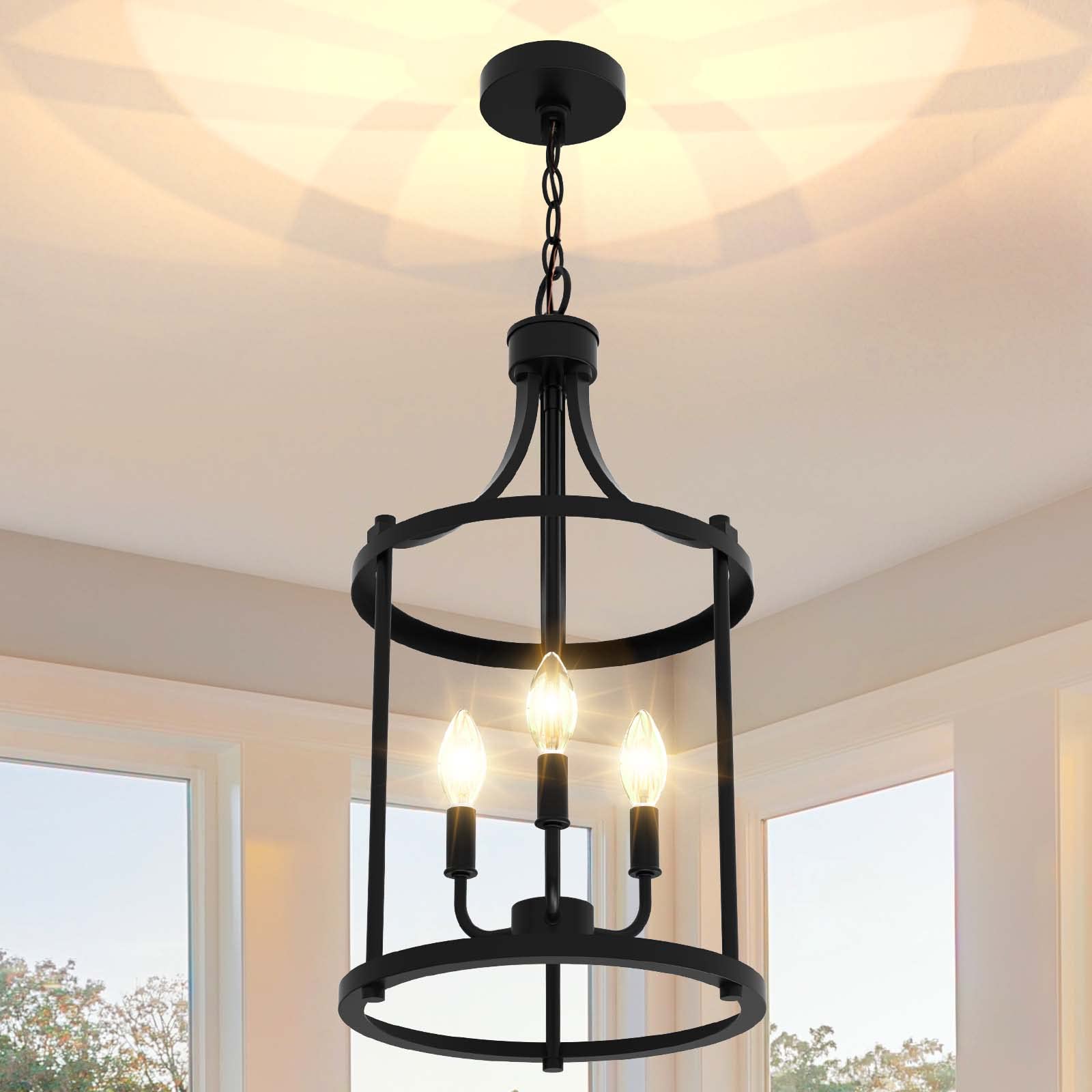 PARTPHONER Farmhouse Chandelier, Dining Room Lighting Fixtures Hanging, Modern Light Fixture Black Lantern Cage,5-Light Pendant Lighting for Kitchen Island, with Adjustable Rods