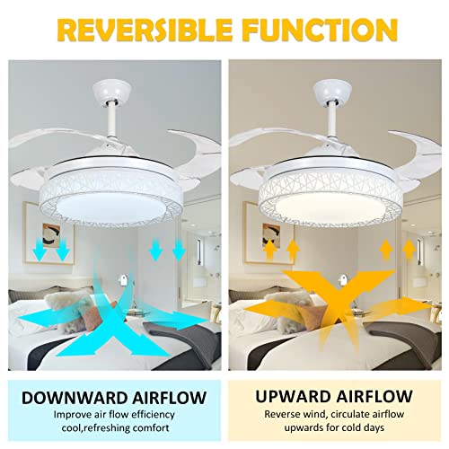 Panghuhu88 42" Invisible Ceiling Fan Chandelier with Light,Modern Crystal Ceiling Fan Light Remote Control 4 Retractable ABS Blades for Bedroom Living Dining Room Decoration