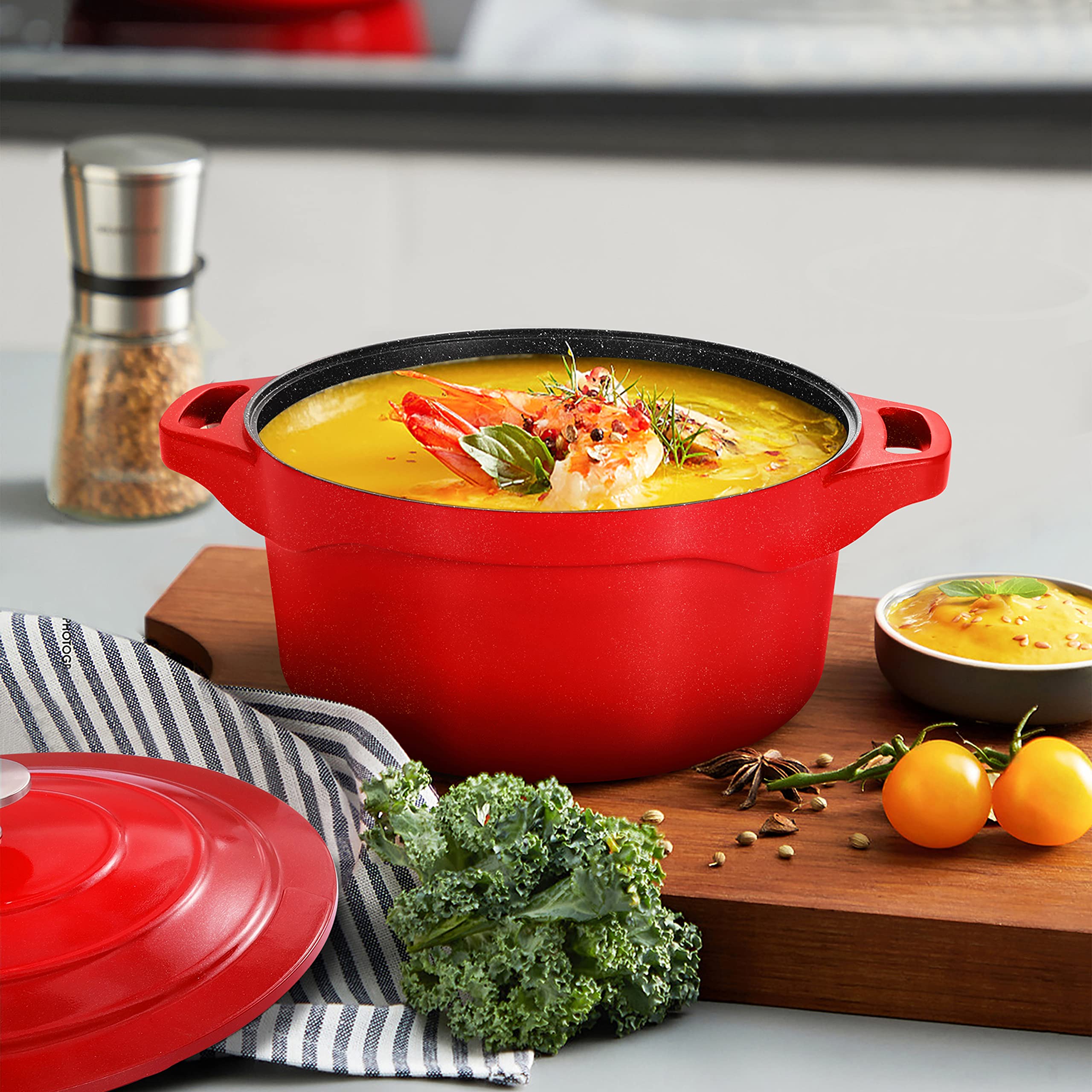 Nonstick Dutch Oven with Lid, 3Pcs Pots and Pans Set with Stone-Derived Coating, Frying Pan with Detachable Handle, Saute Pan, Stockpot with Lid, Red