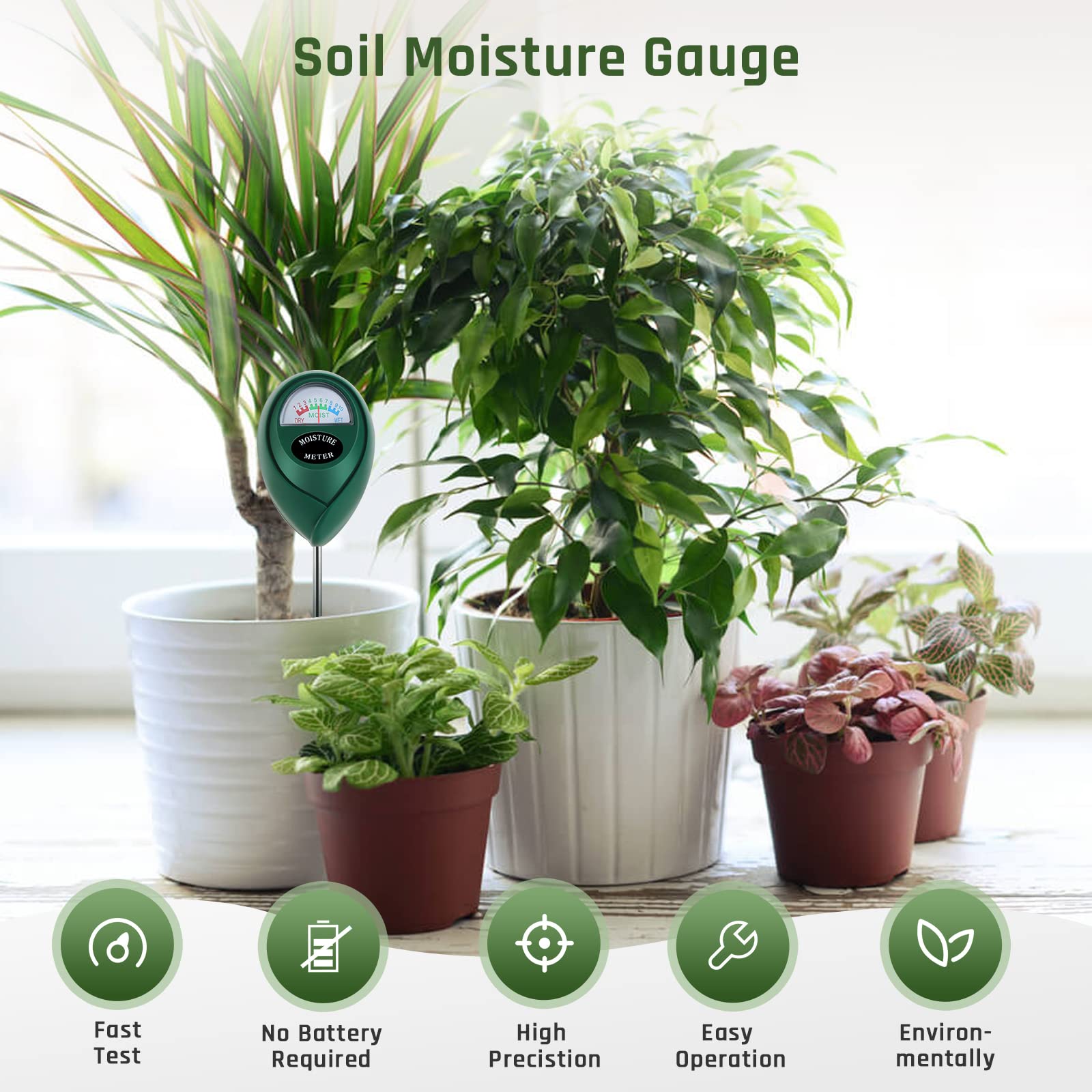 Thlevel Plant Moisture Meter, Plant Water Meter, Soil Moisture Meter for House Plants for Garden, Lawn, Farm, Indoor & Outdoor Use, No Batteries Required (2 Packs Green)