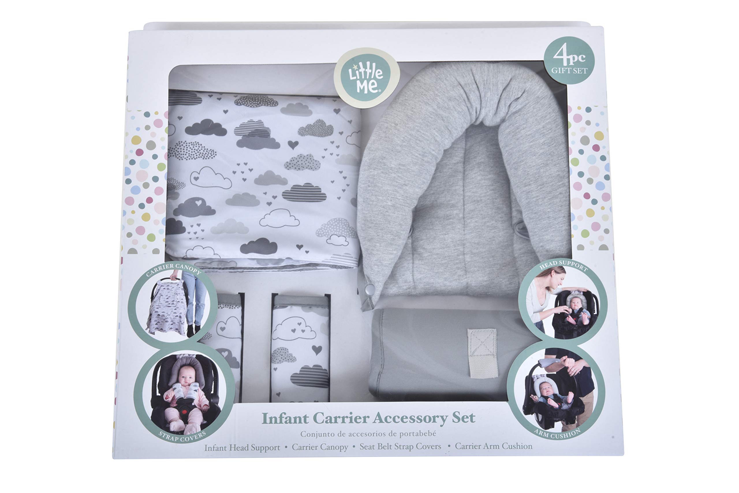 Little Me Baby Carrier Car Seat 4 Piece Set - Includes Infant Head Support, Carrier Canopy, Seat Belt Strap Covers, and Carrier Arm Cushion