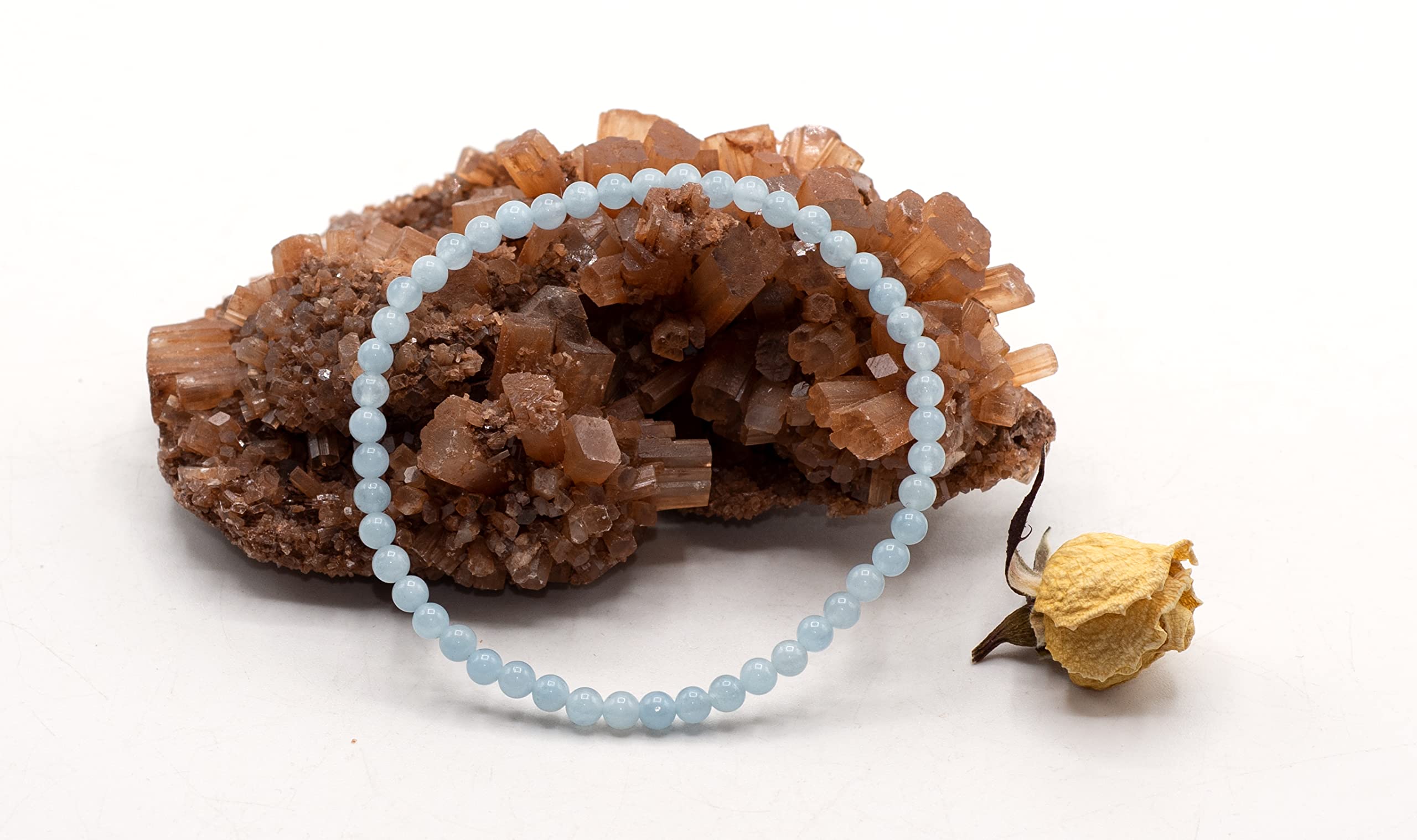 LTC Designs Shiny 3.5-4mm Round Aquamarine Stretch Bracelet, 6.5" for Women and Teens