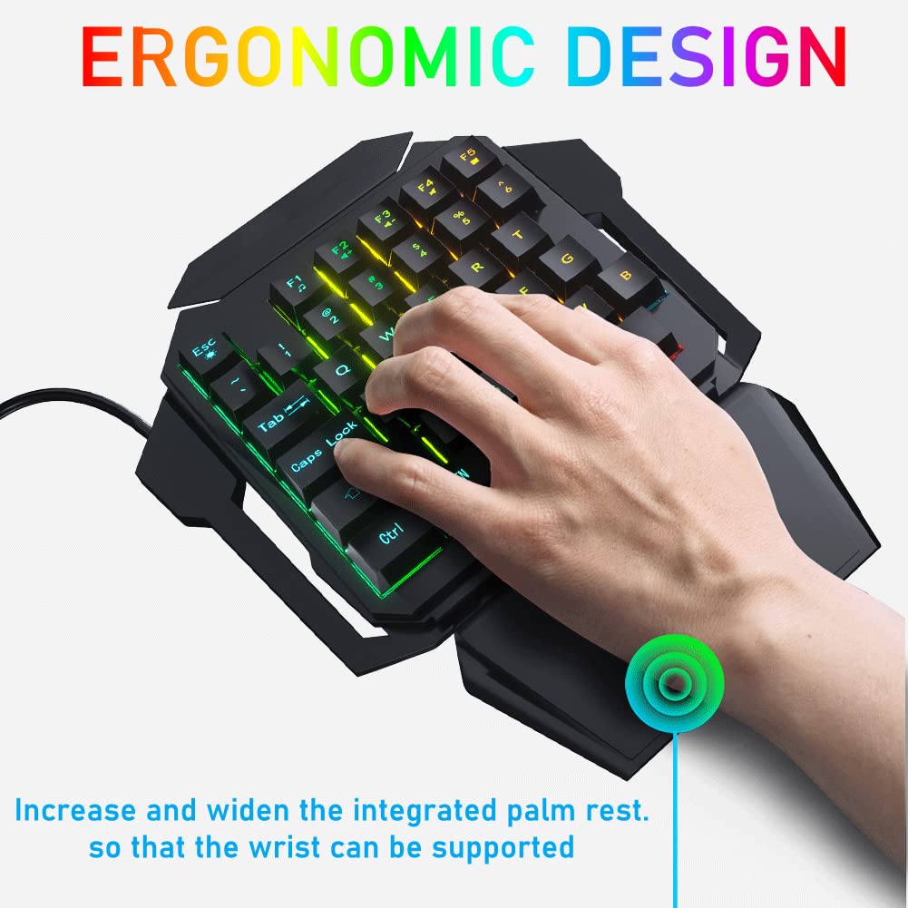 One Handed RGB Professional Gaming Keyboard And Mouse Combo, 35 Keys Portable PUBG, Half Keyboard Gaming Set for Laptop PC Xbox PS4 Switch Gamer