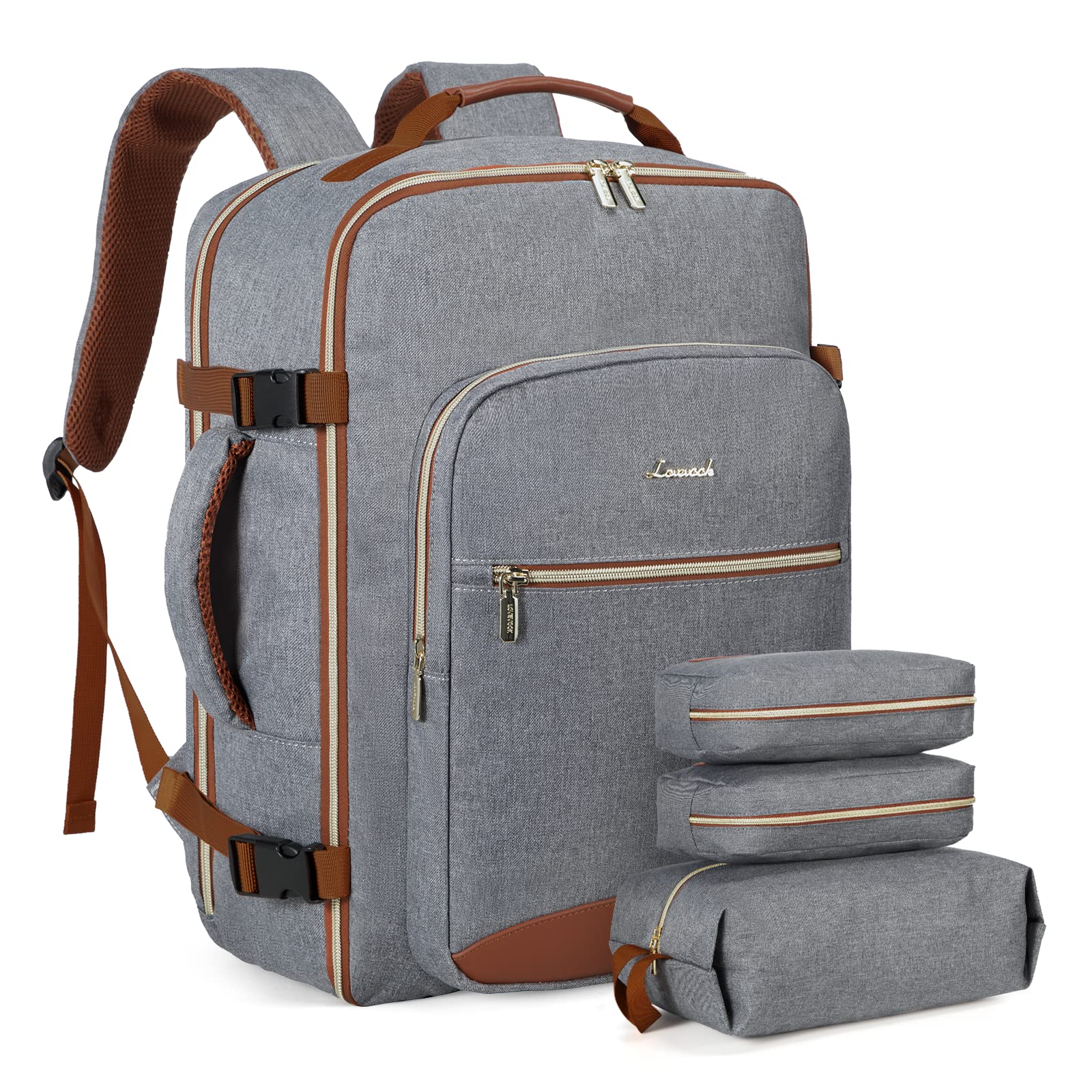 LOVEVOOK Carry on Backpack, 40L Travel 17inch Laptop Backpack as Personal Item Flight Approved, Waterproof Large TSA Luggage Daypack Business Weekender Overnight with 3 Packing Cubes, Grey-B