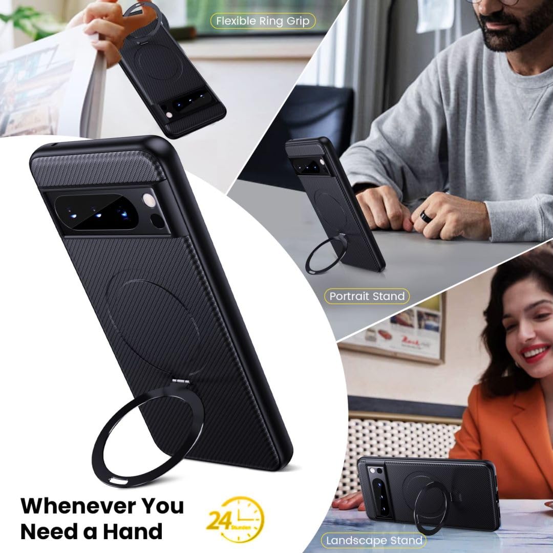 Lozeow for Pixel 8 Pro Magnetic Case with Stand, [Compatible with MagSafe] [12FT Military Drop Protection] Carbon Fiber Slim Cover for Google Pixel 8 Pro, Black