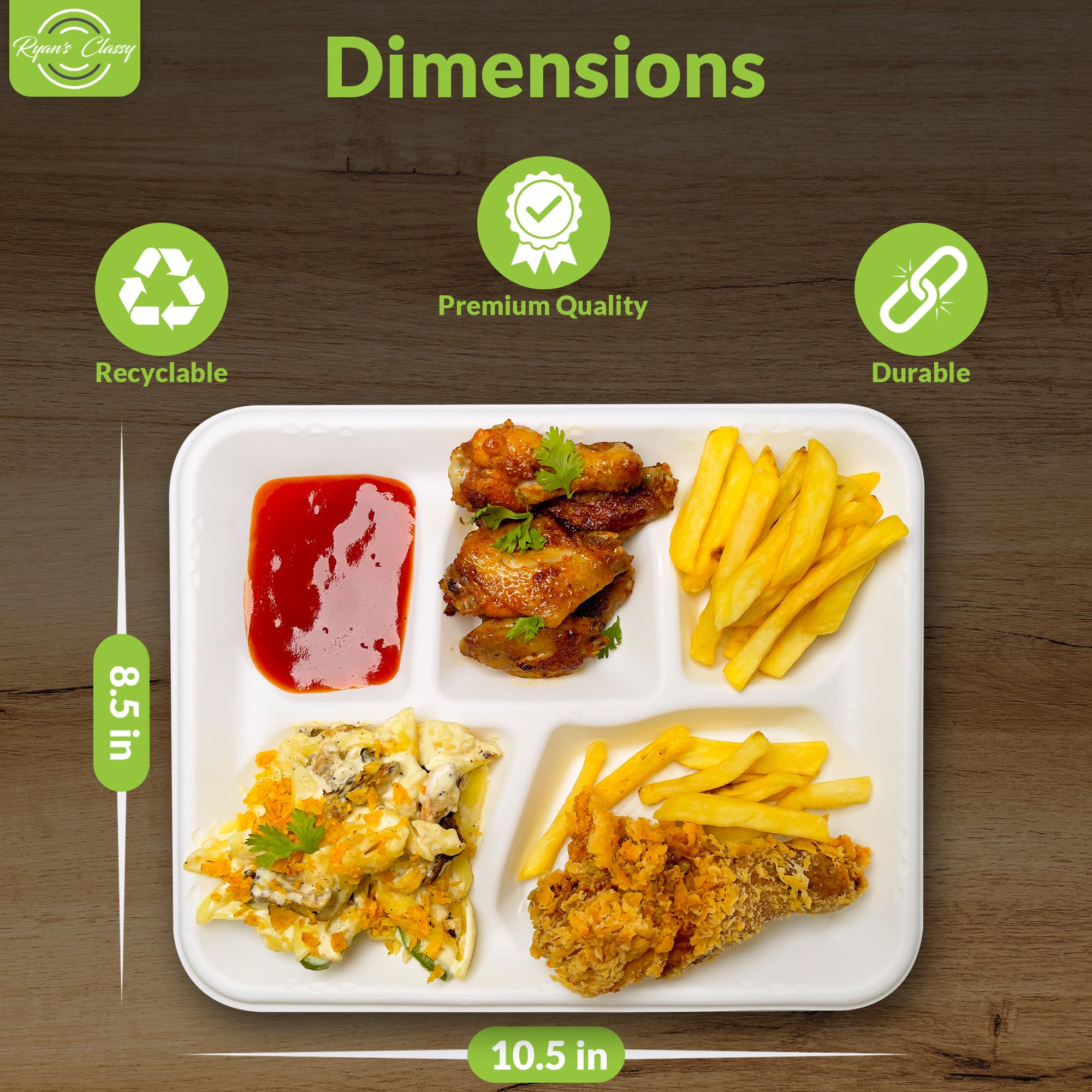 Ryan's Classy Plastic 5 Compartment Plates Disposable, 125 Pack Heavy-Duty Paper Plates with Compartment 10.5 x 8.5 inches Asian Plates Microwave Freezer Safe, Eco-Friendly School Lunch Trays