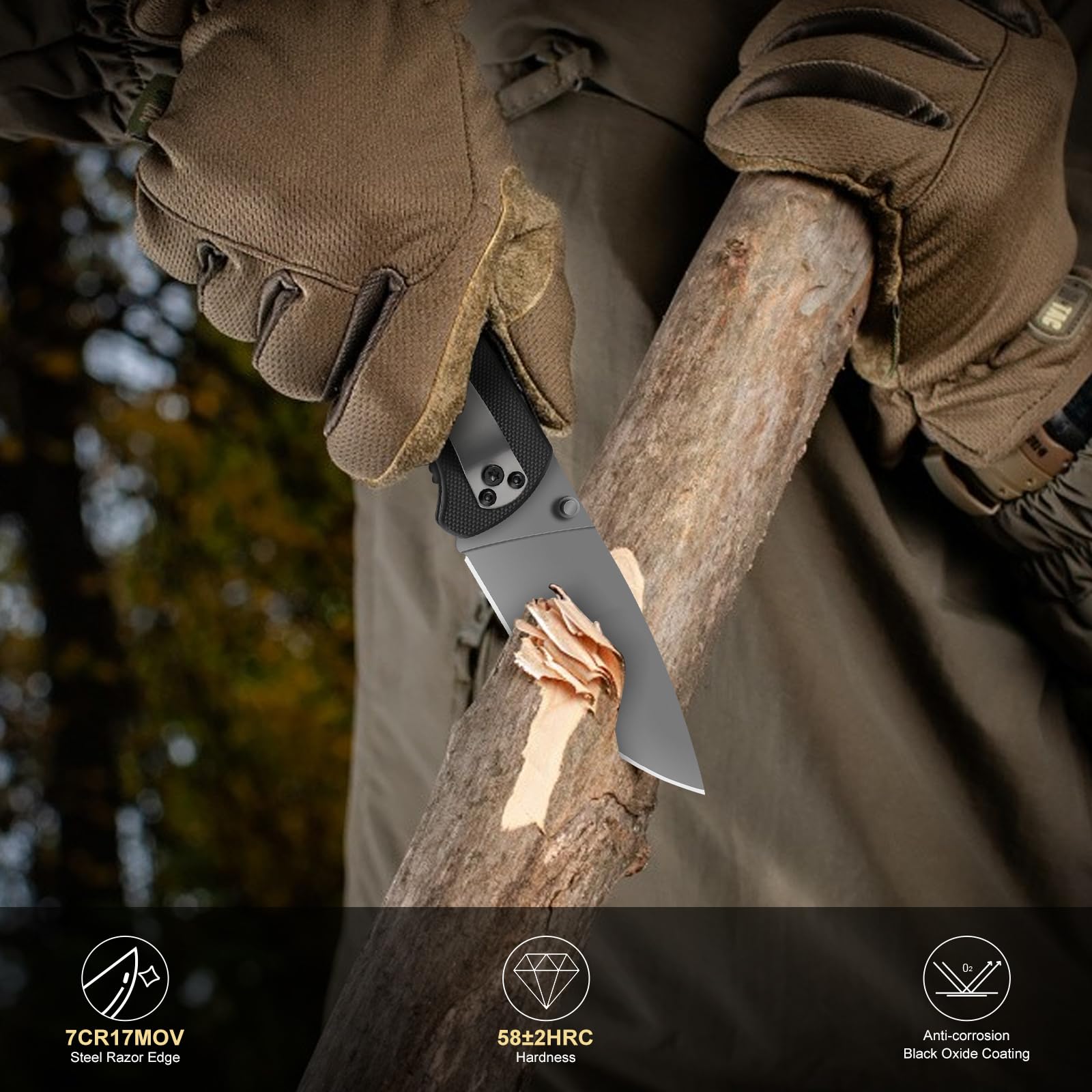 warmot® Pocket knife with G10 Handle - Ideal Knife for EDC Camping - Birthday Gift for Men & Wome,Black