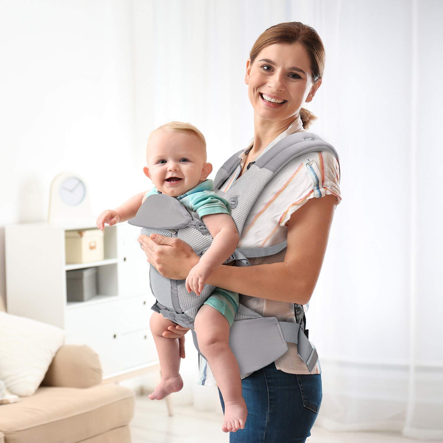 Meinkind Convertible Carrier, 4-in-1 Infant Carrier Ergonomic, Soft Breathable Comfortable Baby Carrier for 7~45lbs Infant, Front and Back Carrier with Head Support, Padded Shoulder Strap, Grey