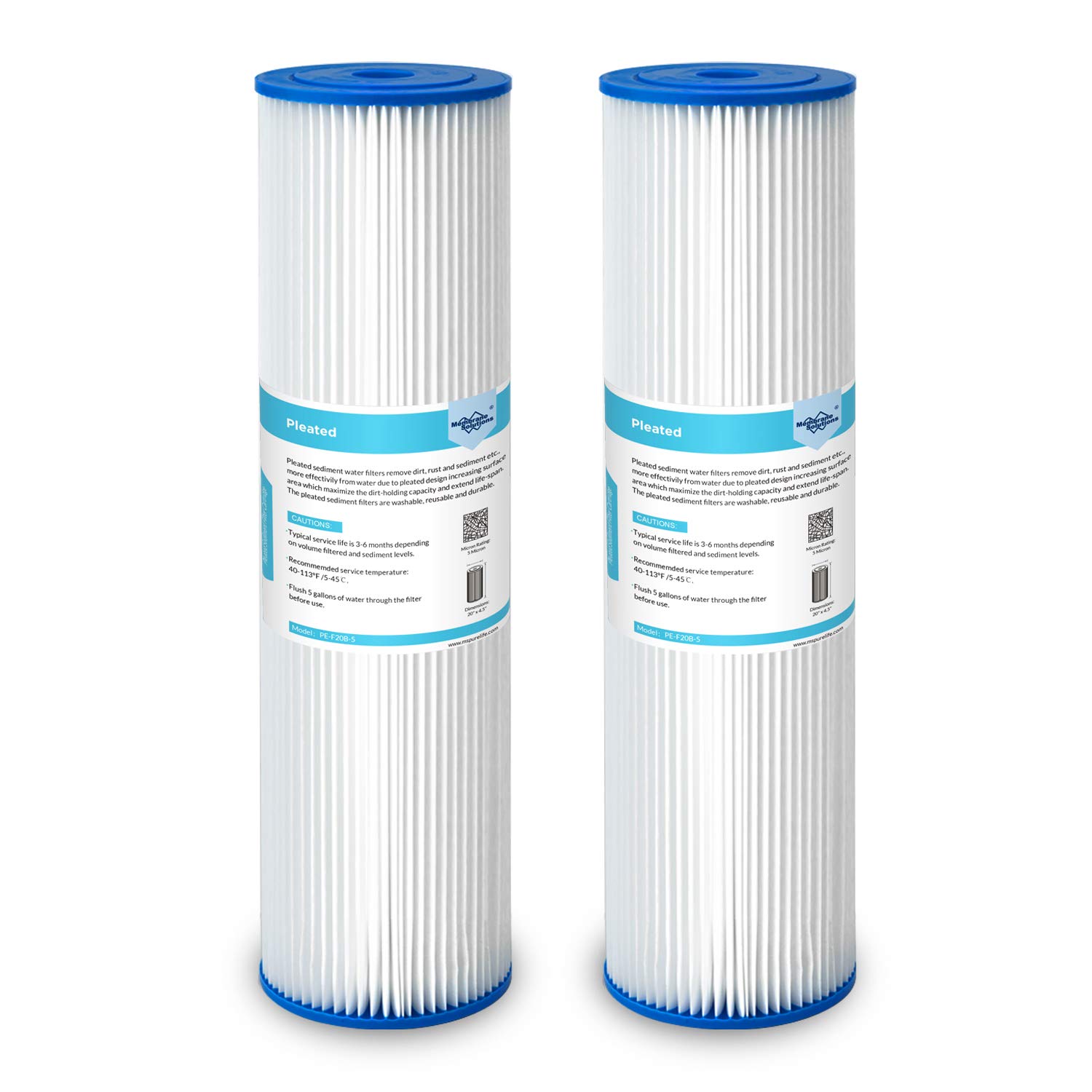 Membrane Solutions 5 Micron Whole House Sediment Water Filter Replacement Cartridge Pleated Water Filter Heavy Duty 20"x4.5", Universal Fits Most Major Brand Systems - 2 Pack