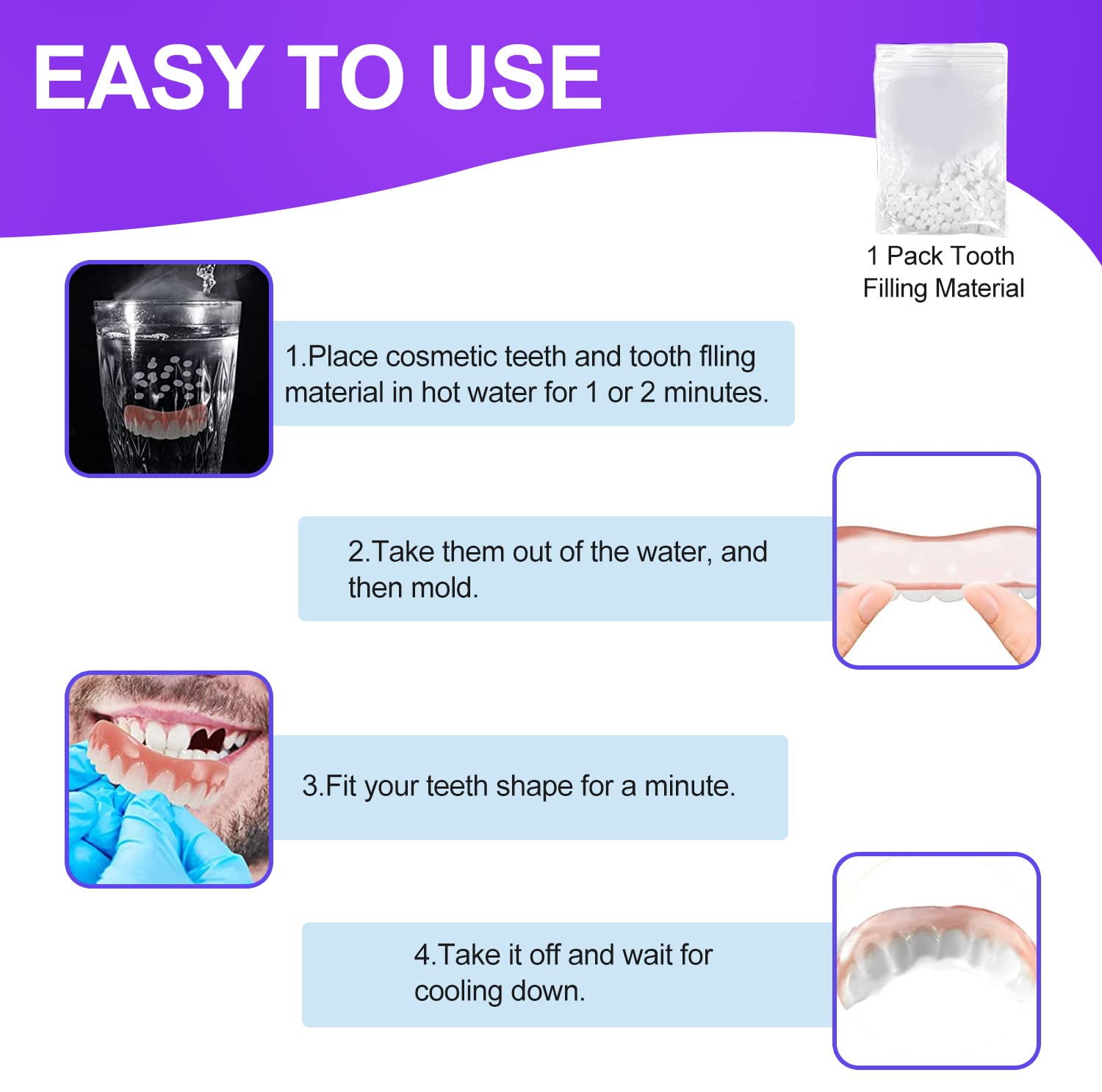 YUANDAN Fake Teeth, 2 PCS Dentures Teeth for Upper and Lower Jaw, Nature and Comfortable, Protect Your Teeth and Regain Confident Smile A1 White
