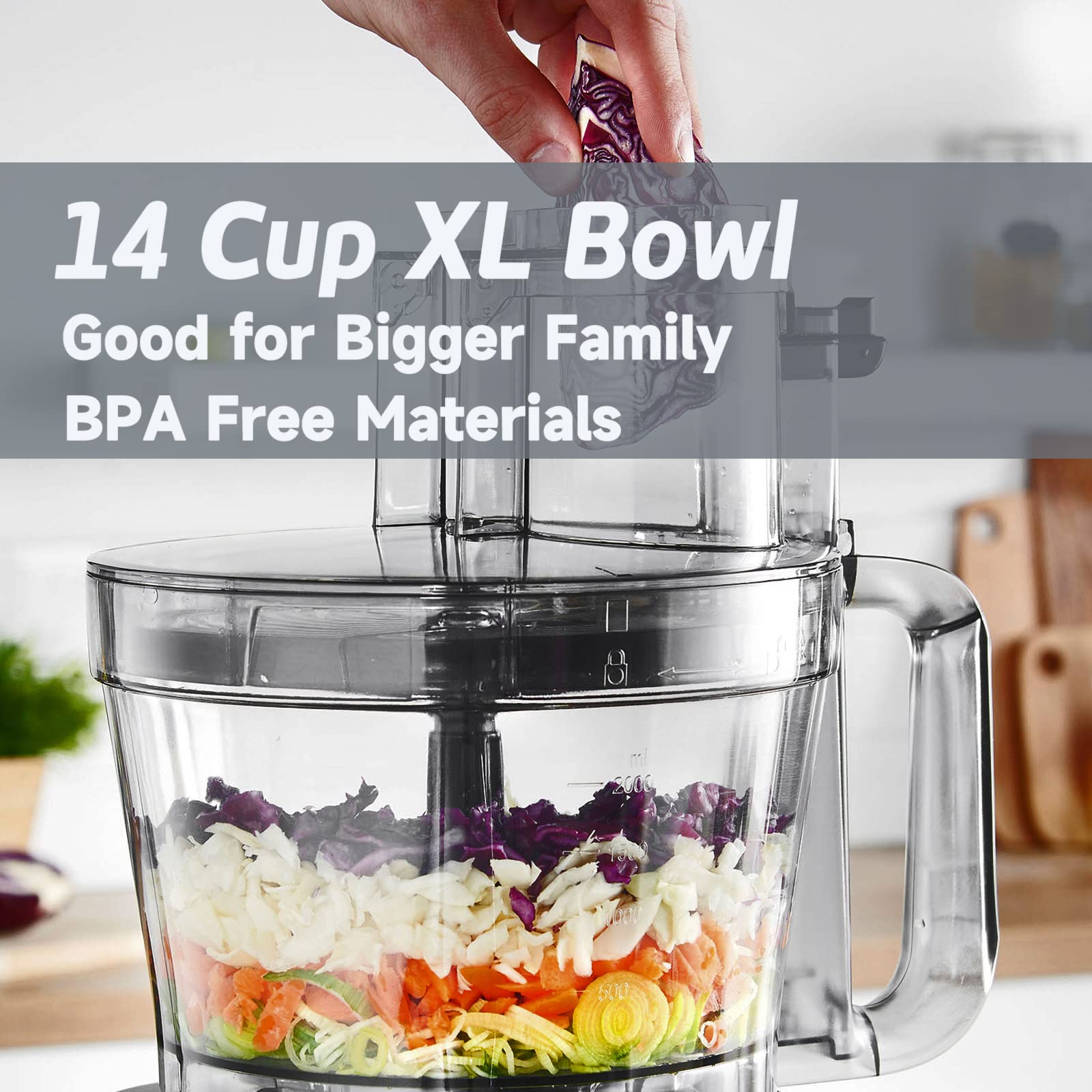 Magiccos 14-Cup Aluminum-Diecast French-Fry-Cutter Food-Processor - Large Feed Chute, XL Size Bowl, Cheese Shredding, Vegetable Meat Chopping, Shredding and Slicing, Mixing and Doughing, for Home Use