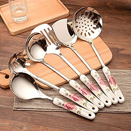 LMMDP 7pcs Ceramic Handles Cooking Tool Set Stainless Steel Kitchen Utensils Set of Cookers Stir-Fry Shovels Spoons Strainer Spatula