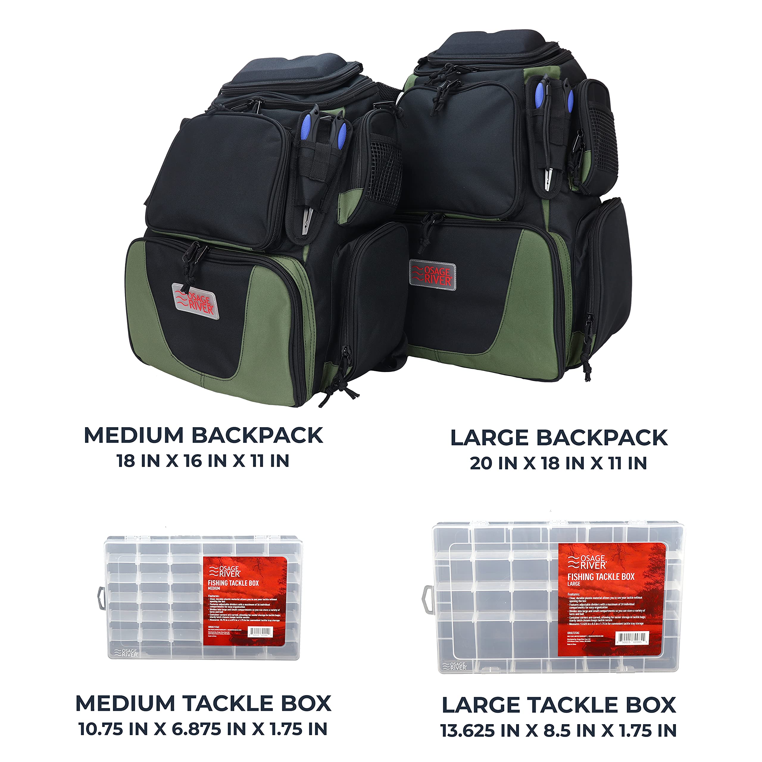OSAGE RIVER Fishing Backpack, Fits 4 Large Tackle Boxes, MOLLE Webbing as Rod Holder, Waterproof Rain Cover, Includes Pliers and Flashlight, Large
