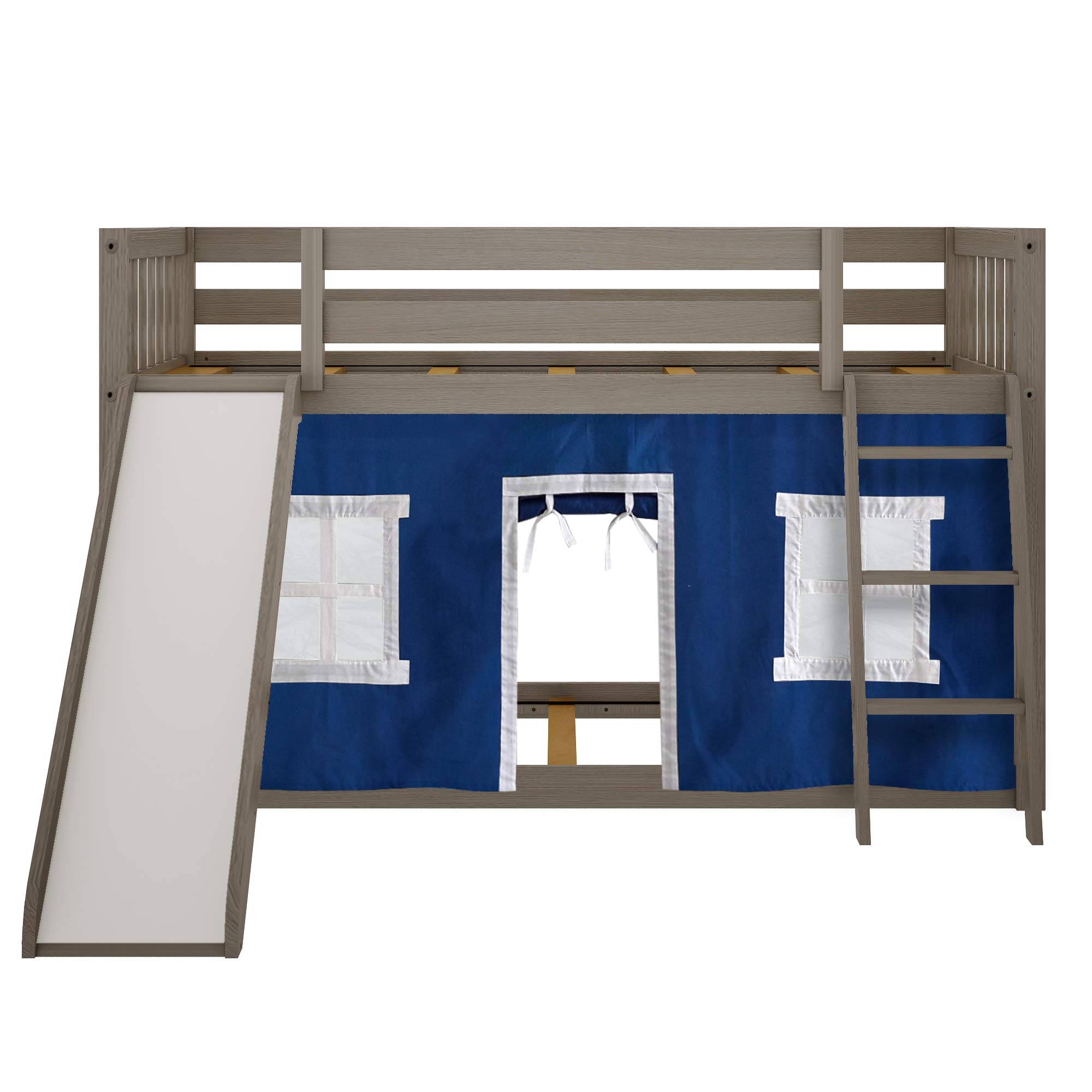 Max & Lily Low Bunk Bed, Twin-Over-Twin Bed Frame For Kids With Slide and Curtains For Bottom, Clay/Blue