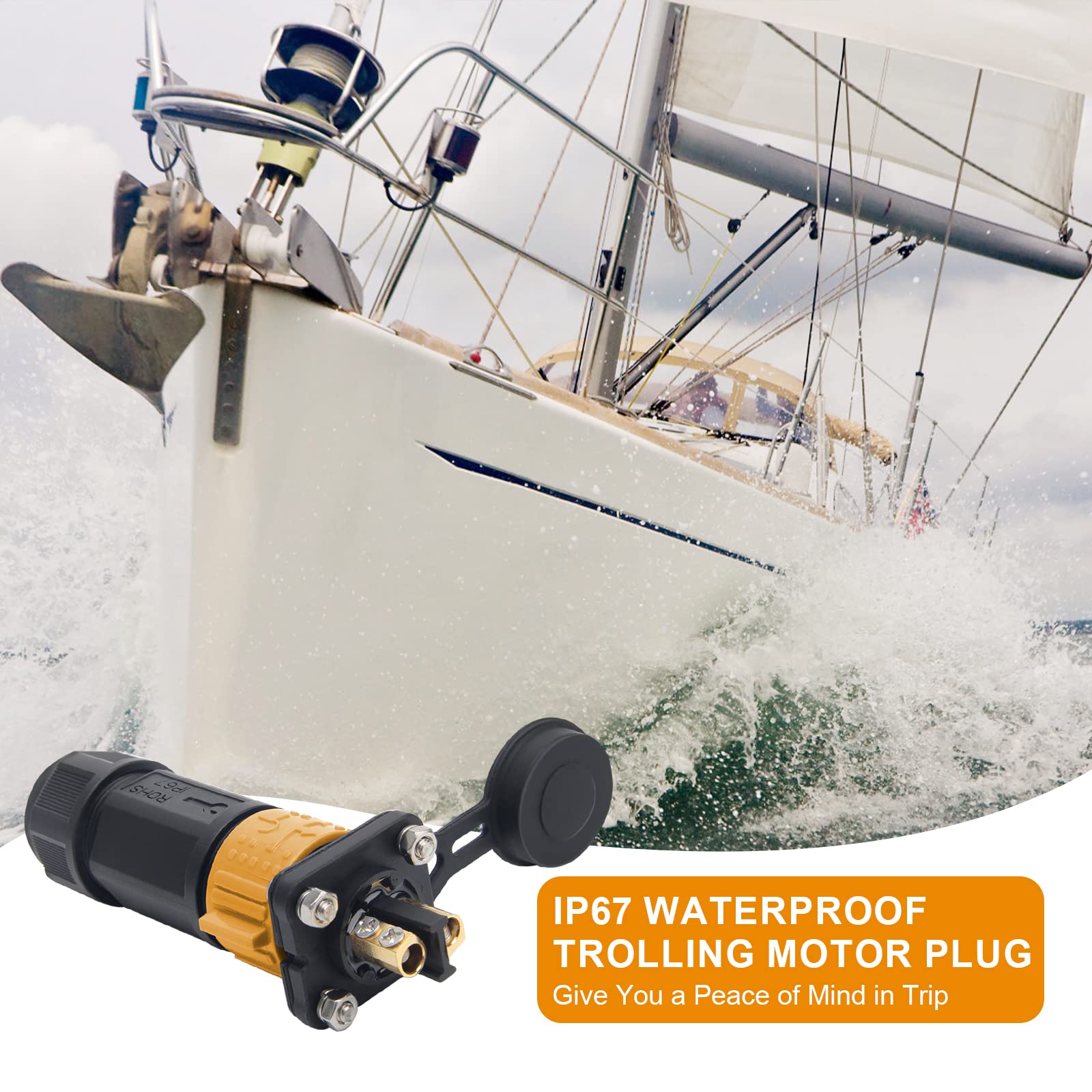 Trolling Motor Plug and Receptacle Set, Waterproof Self Lock Marine Boat Power Connector, 12V/24V/ 36V/48V Plug for Trolling Motor/Down Rigger/Fishing Reel (Yellow)