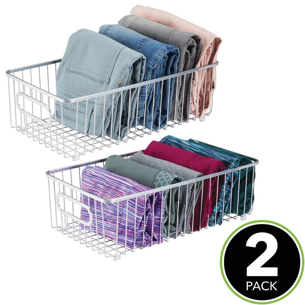 mDesign Decorative Metal Drawer Organizer Tray, Storage Organizer Bin Basket with Handles, for Closets, Bedrooms, Entryways, Mudrooms, Kitchens, Pantry, Bathrooms - 8" Wide, 2 Pack - Chrome