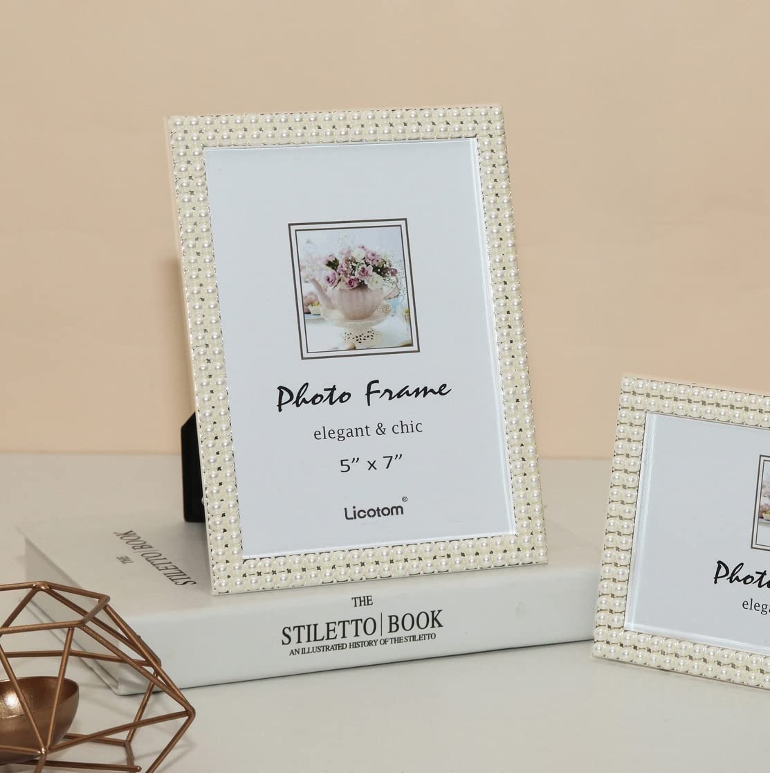 Licotom Metal Picture Frame Silver Plated with Pearls 5x7 Inch, Special Occasion Anniversary Wedding Gift Photo Frame
