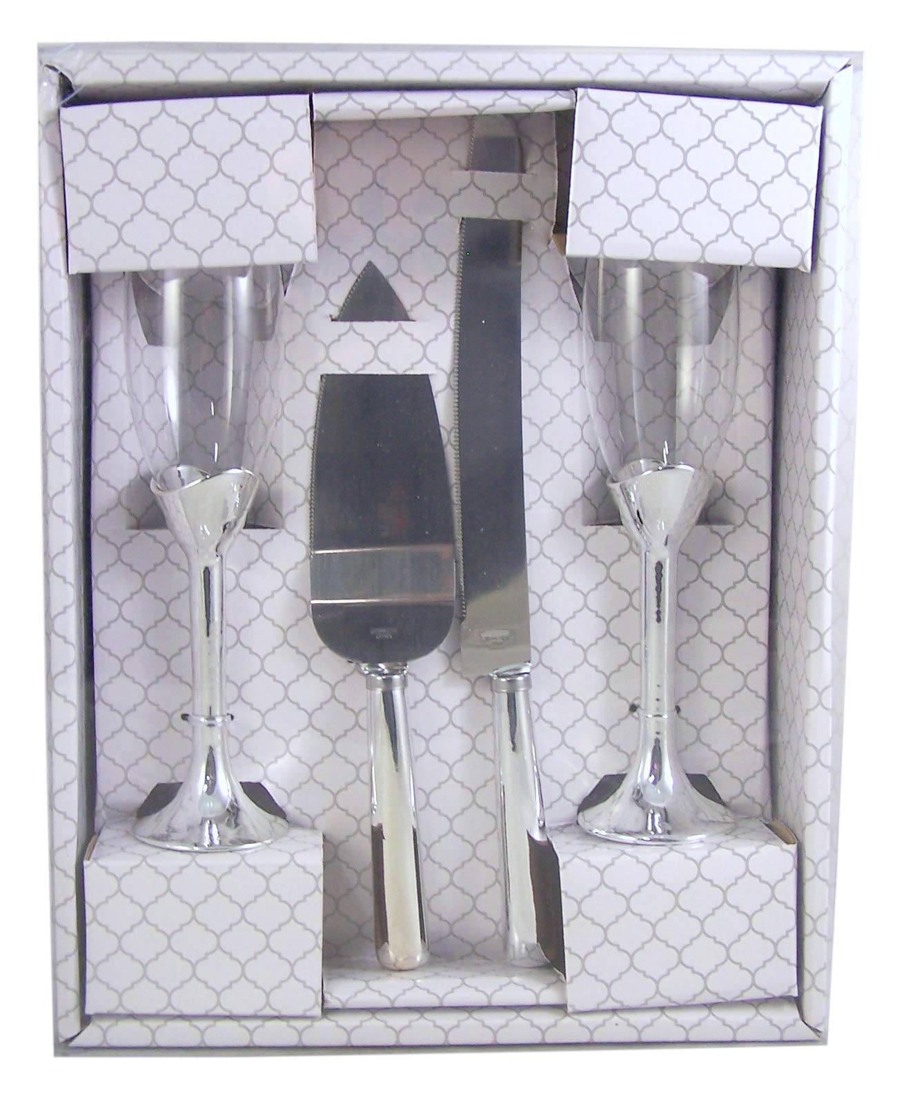 Silver Toned Champagne Flutes and Cake Server Set