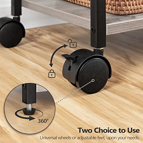 MAHANCRIS Under Desk Printer Stand, 2-Tier Printer Cart with Storage, Rolling Printer Table on Wheels and 2 Hooks, Printer Holder for Desk Shelf Organizer for Home Office, Greige PTHG2001Z