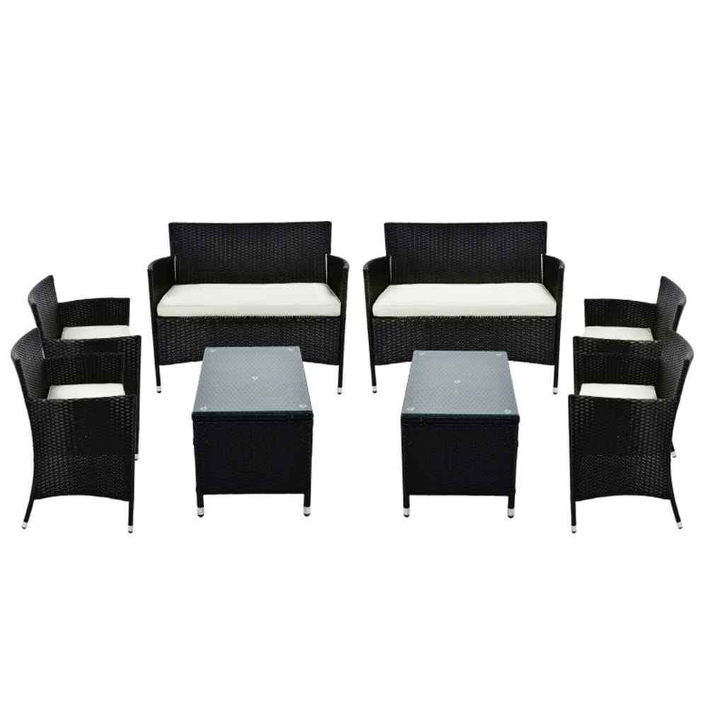 LLLY 8 PCS Patio Furniture Outdoor Garden Conversation Wicker Sofa Set, Beige Cushions +Black Wicker