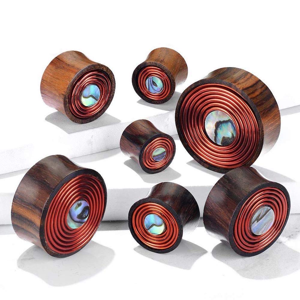 Mother of Pearl Center Inlay with Copper Wire Coil Organic Sono Wood Double Flared Saddle Plugs (1/2" (12mm))