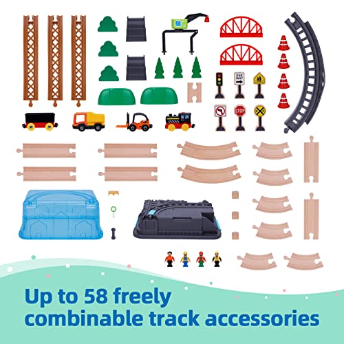 TOOKYLAND Wooden Train Track Set with Dual-use Storage Box,with Wooden Train Sets for Boys Fits Thomas and More